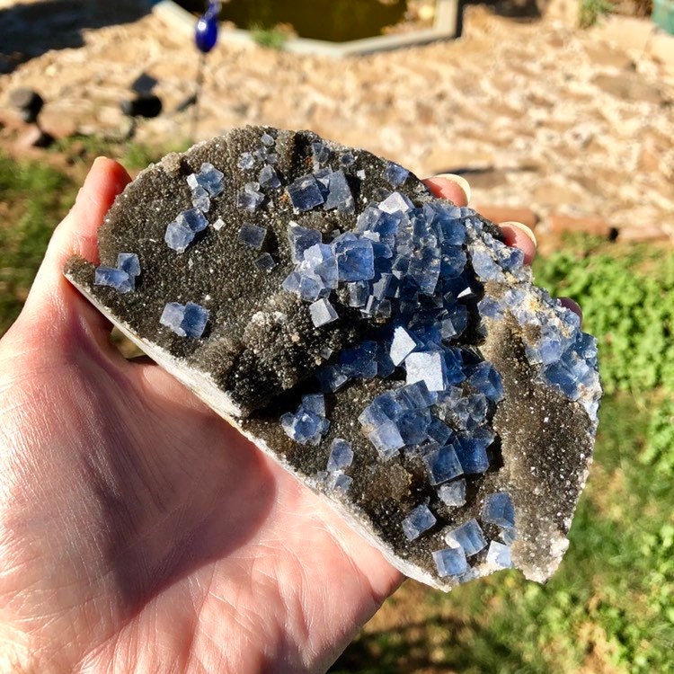 Blue Cubic Fluorite on Gray Druzy Calcite Crystal Cluster Specimen
