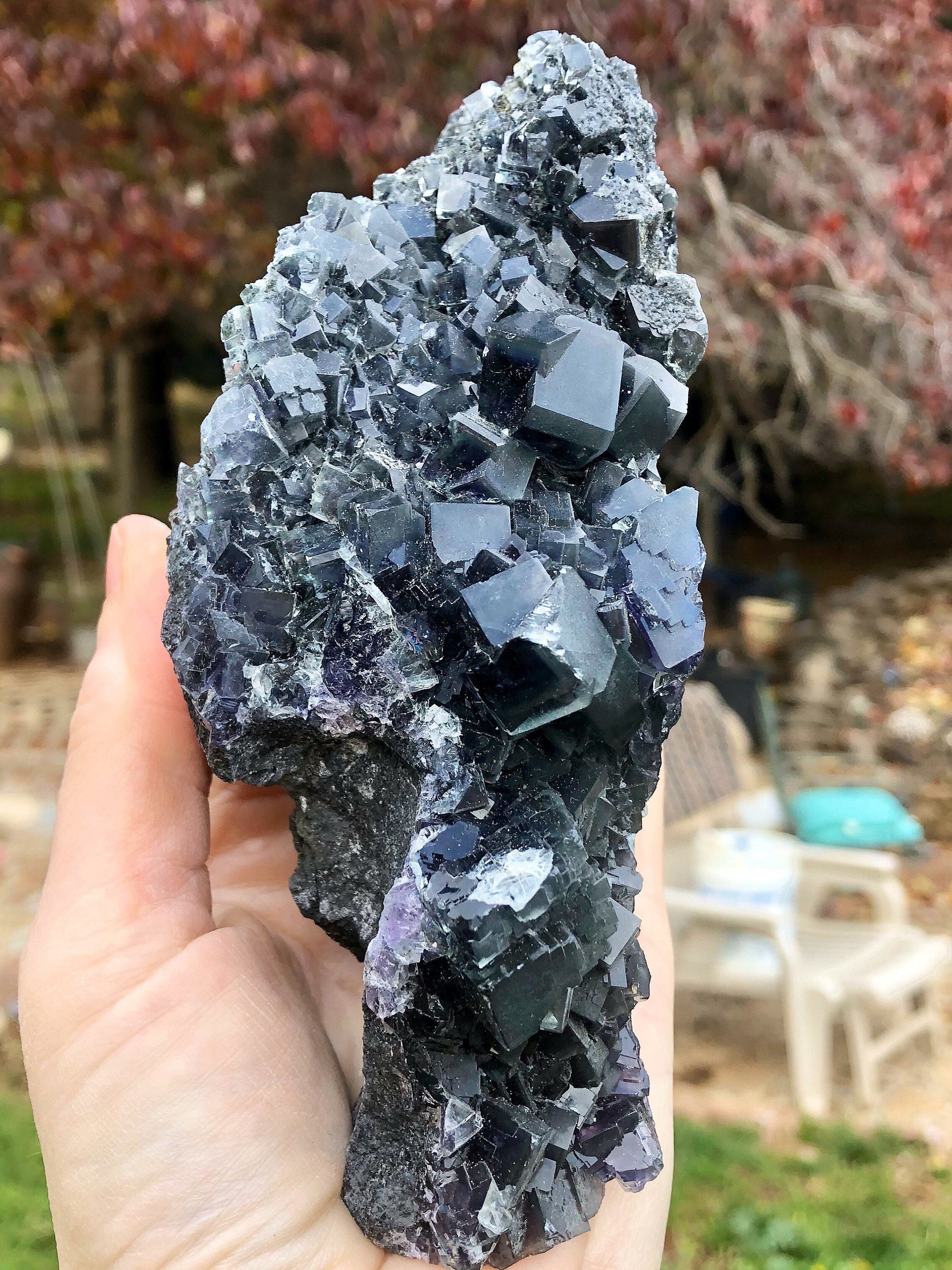 868g Green with Purple Cubic Fluorite Large Crystal Cluster Specimen