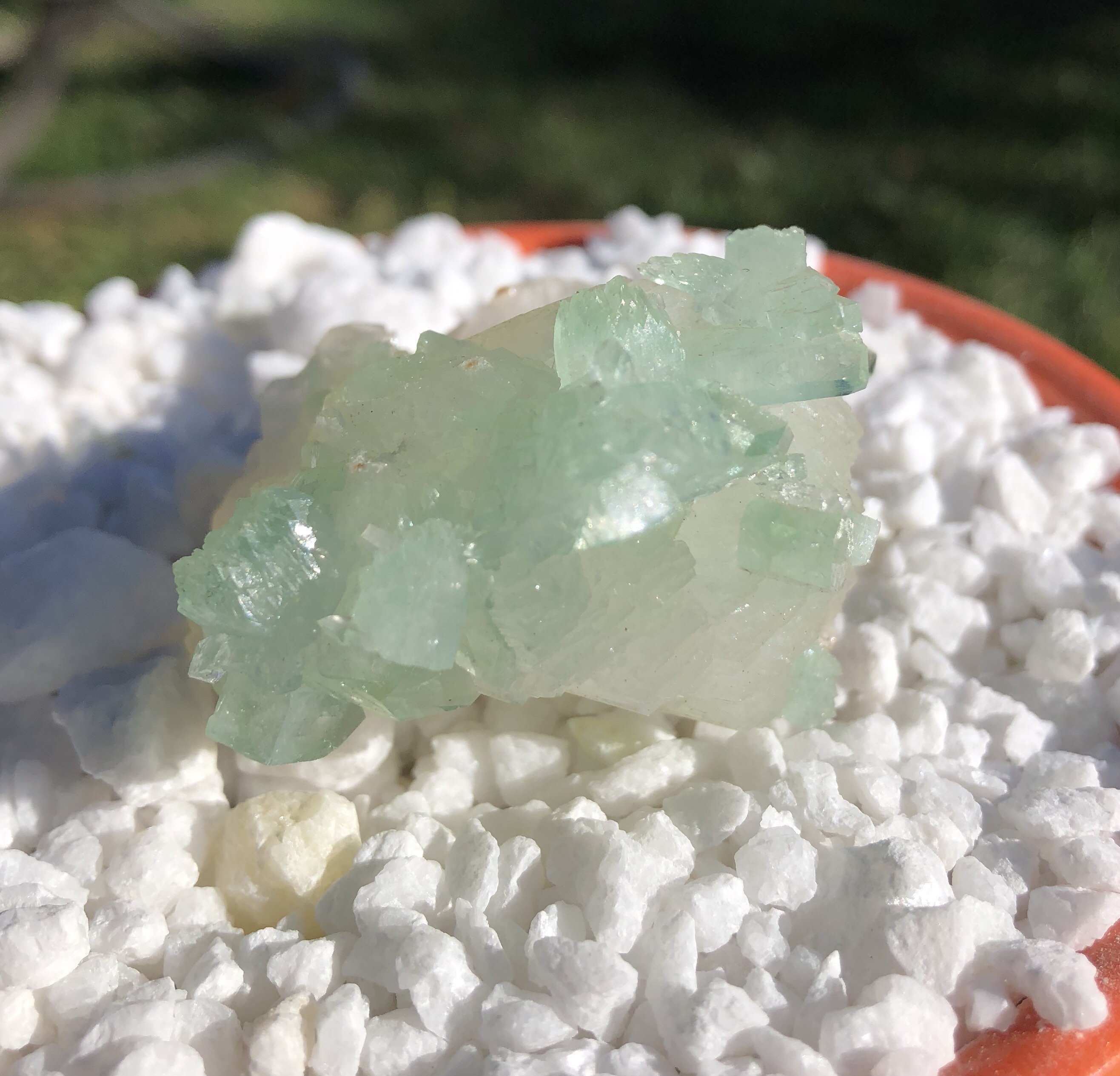 Green Apophyllite on white Stilbite cluster