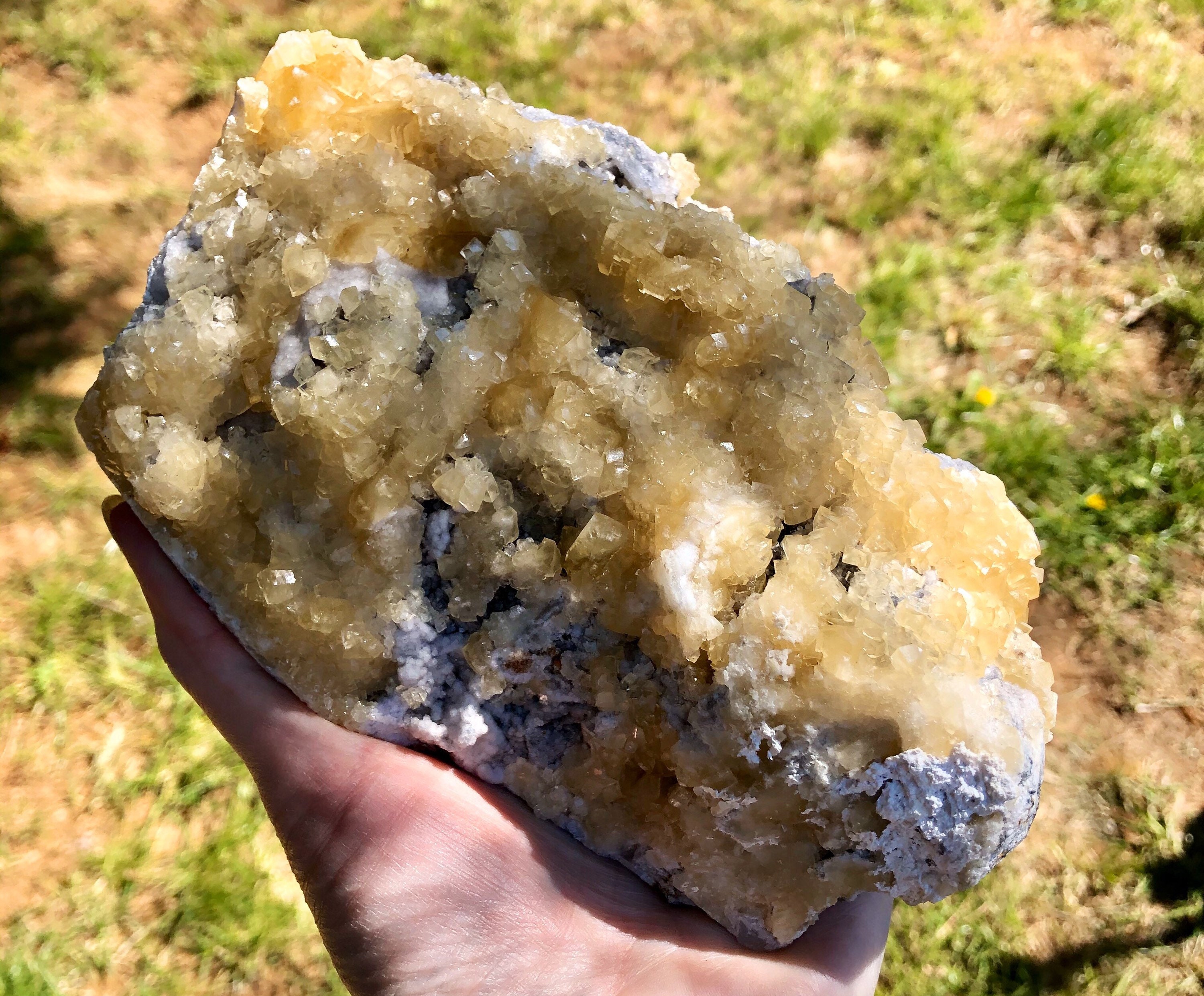 2.48 lbs Large Yellow Cubic Calcite Crystal Cluster On Botryoidal White ...
