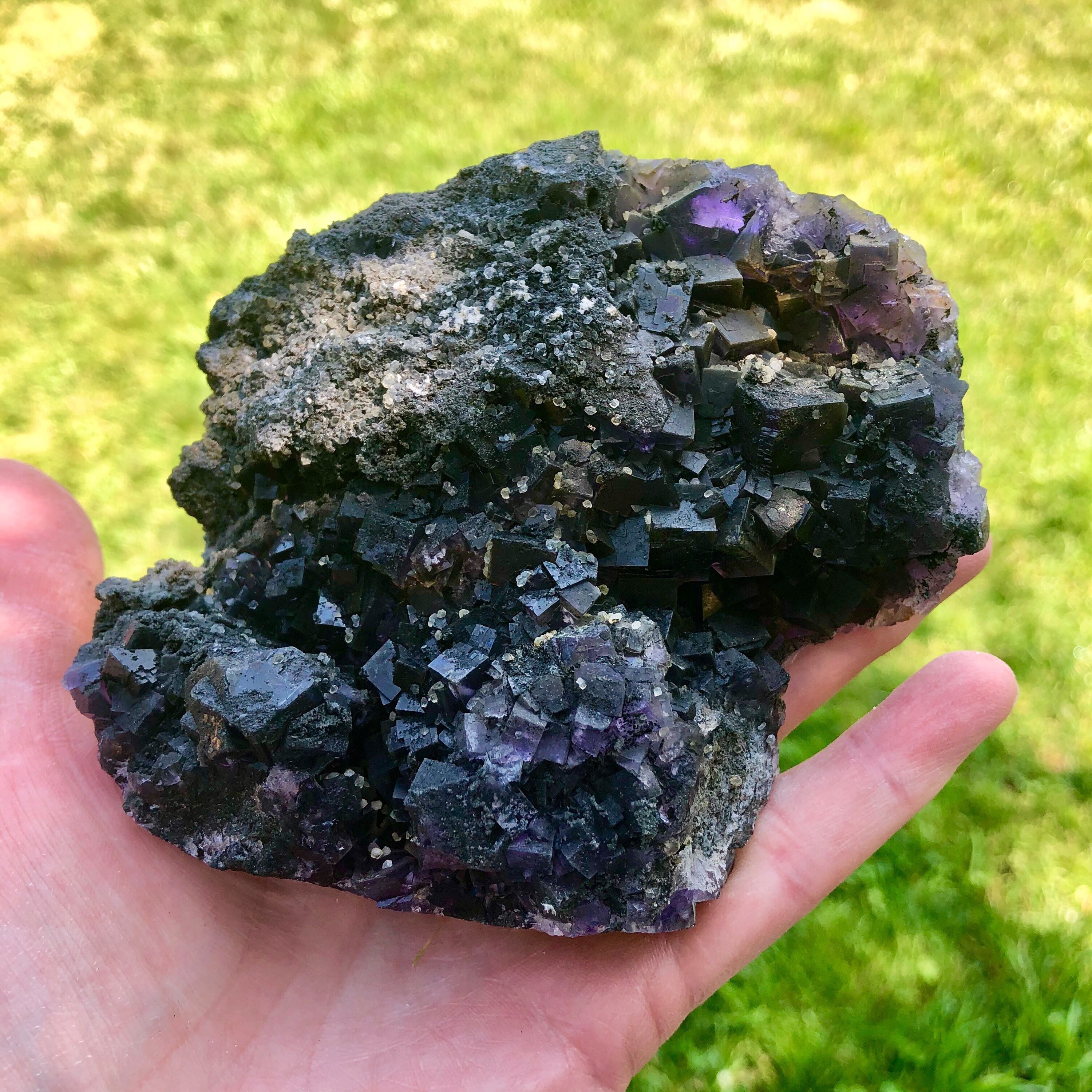 502g DARK Purple Cubic Calcite With Tiny Yellow Calcite Crystal Cluster