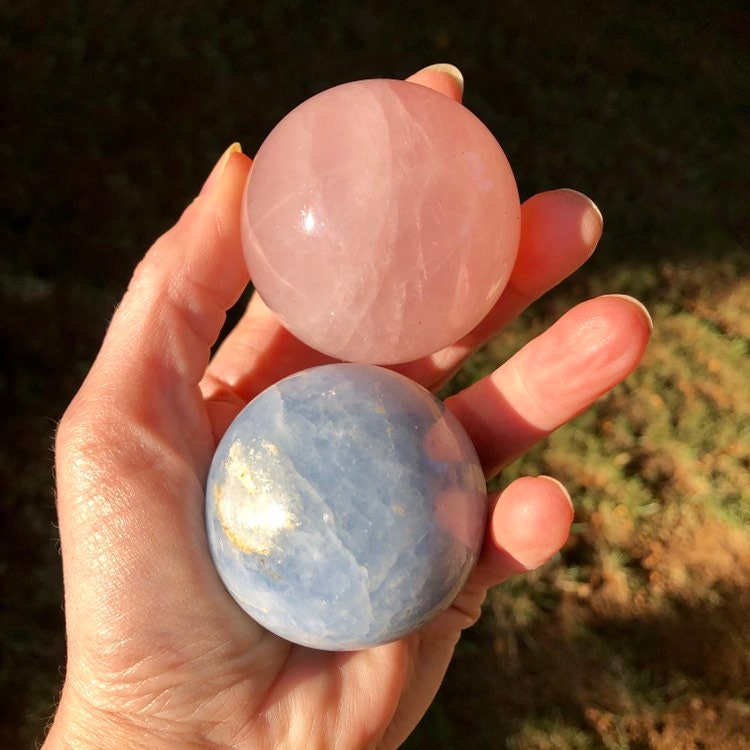2 Spheres all natural gemstone Rose Quartz and Celestiteor Celestine
