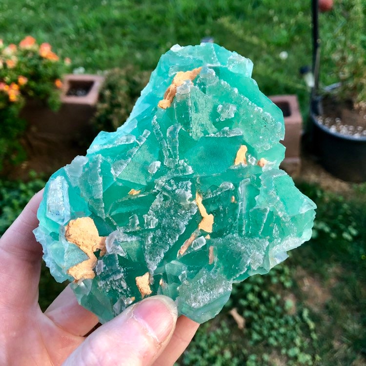 678g Neon Green Cubic Fluorite Crystal Cluster with Orange brown Barite ...