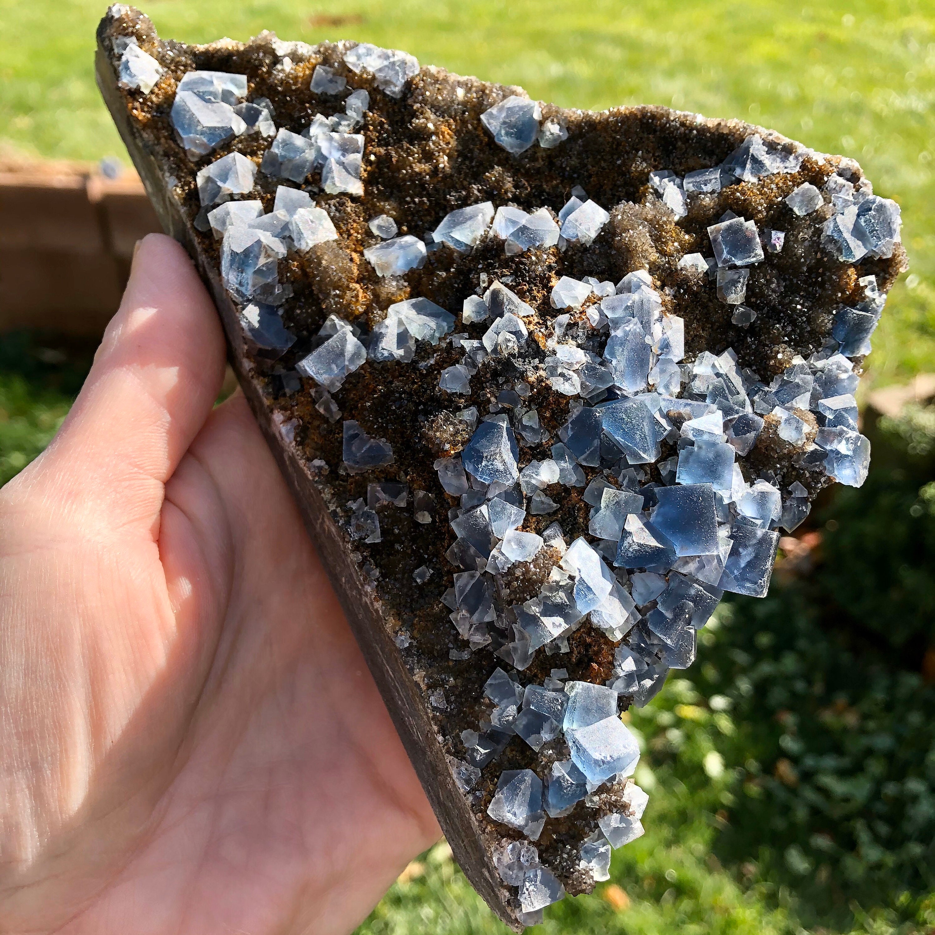 632g Blue Cubic Fluorite on Druzy Smoky Quartz Crystal Cluster Specimen