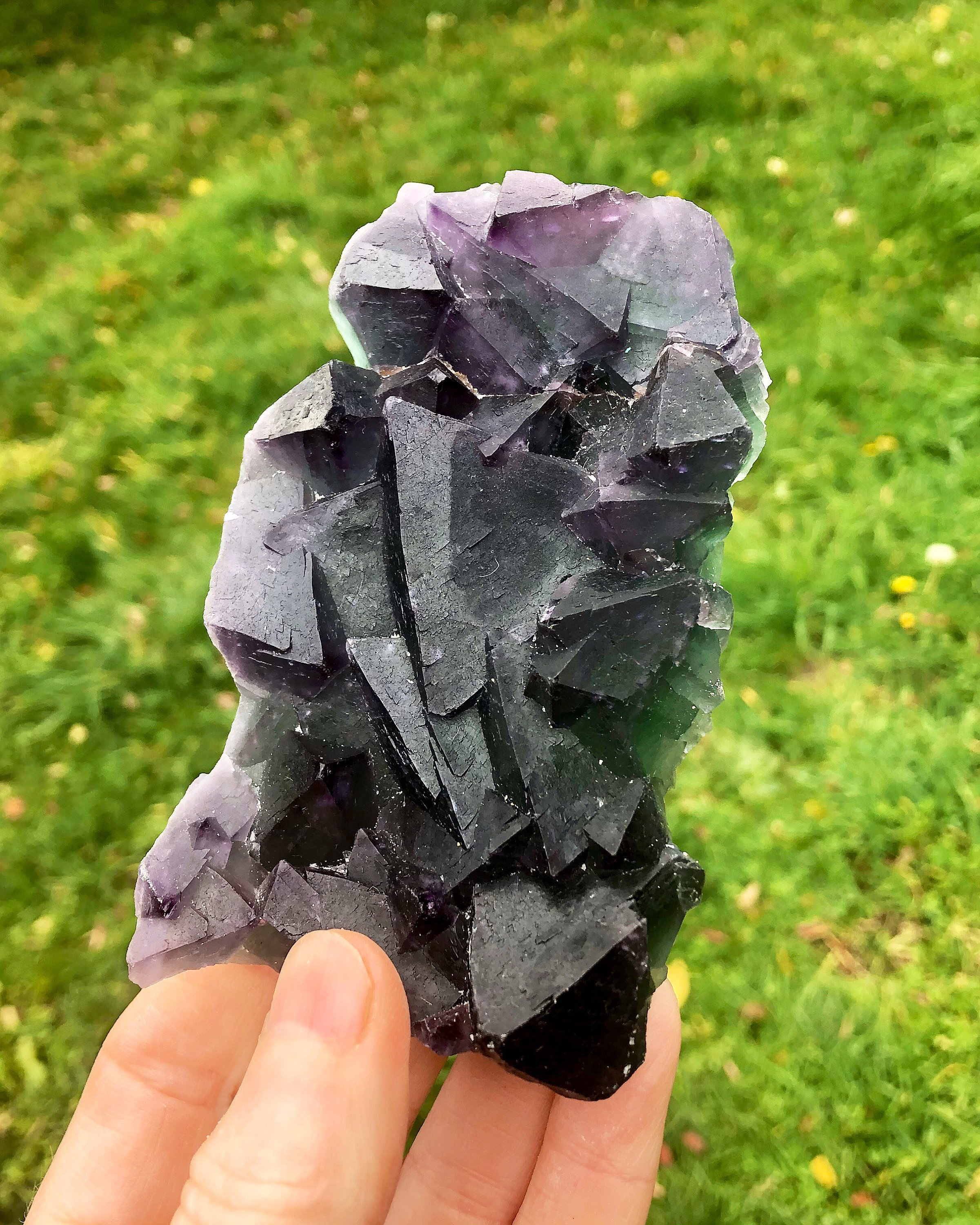 340g Purple over Green Trapezoidal Fluorite Crystal Cluster Specimen