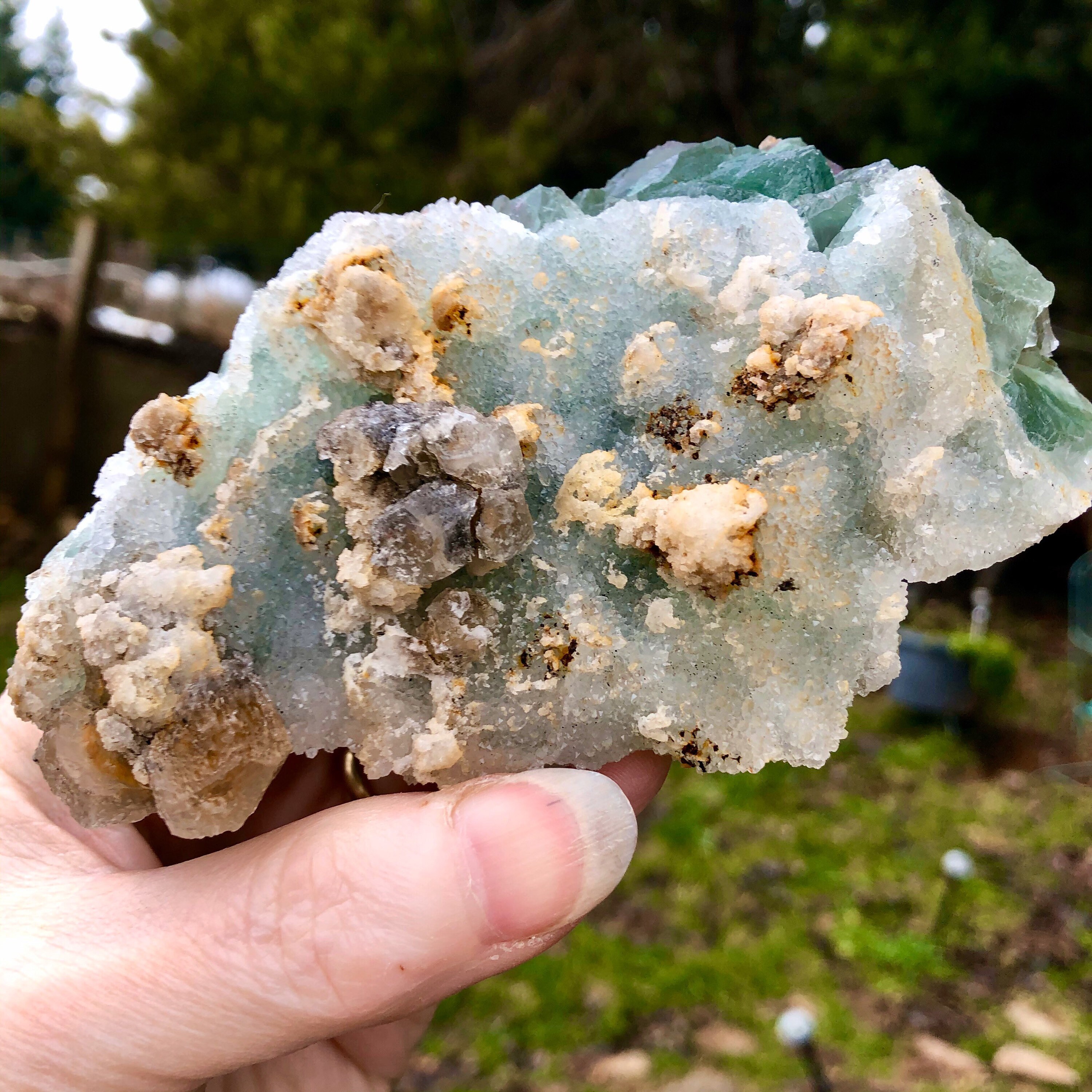 370g Druzy White Quartz Over Green Fluorite With Yellow Calcite Crystal ...