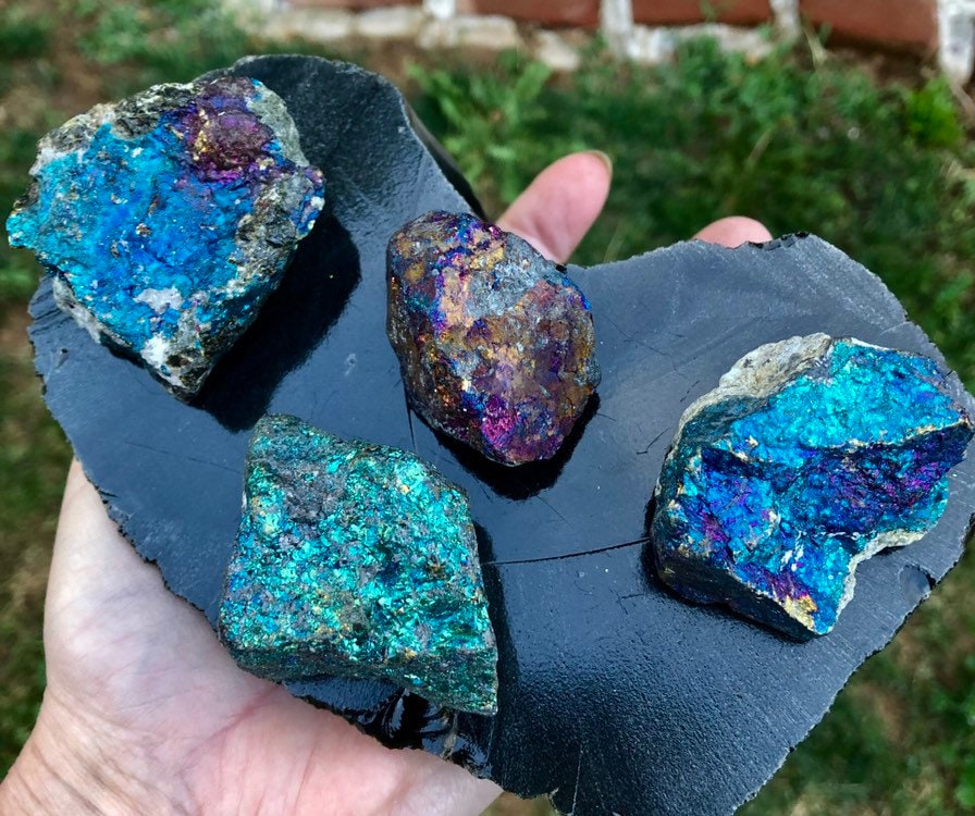 4 pieces of Bornite or Peacock Ore with vivid rainbow colors