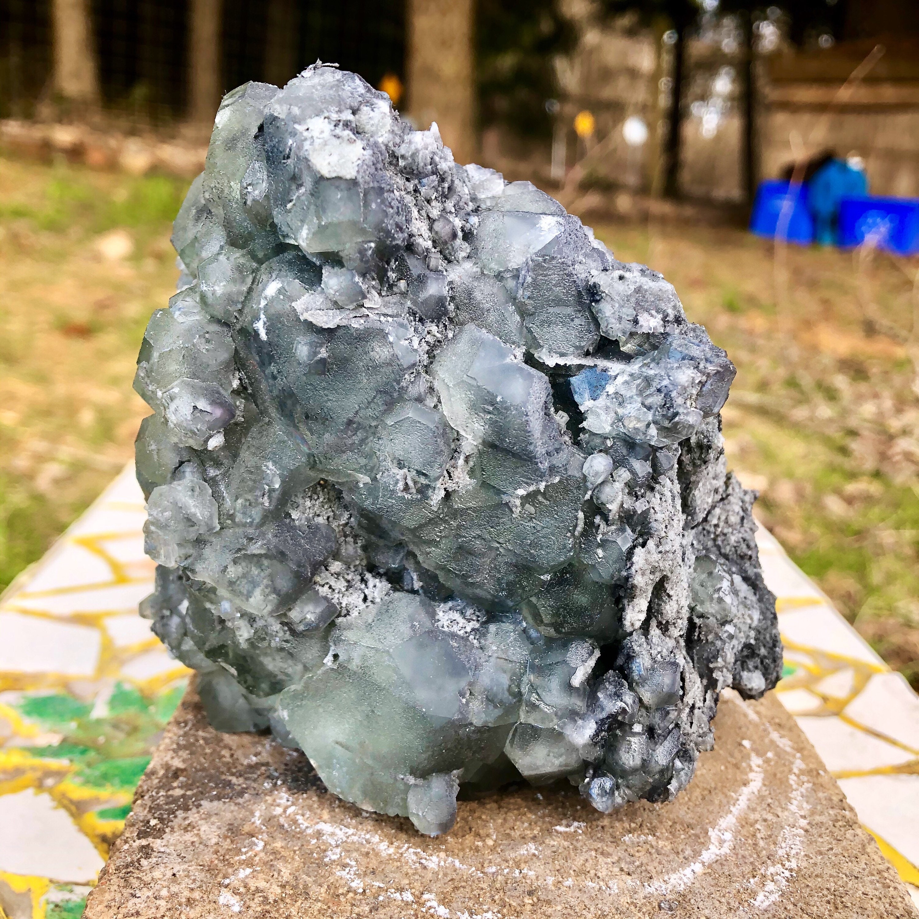 1020g Light Green Fluorite On Gray Druzy Matrix Crystal Cluster Specimen