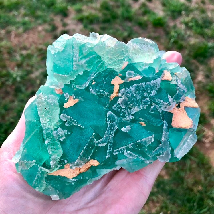 678g Neon Green Cubic Fluorite Crystal Cluster with Orange brown Barite ...