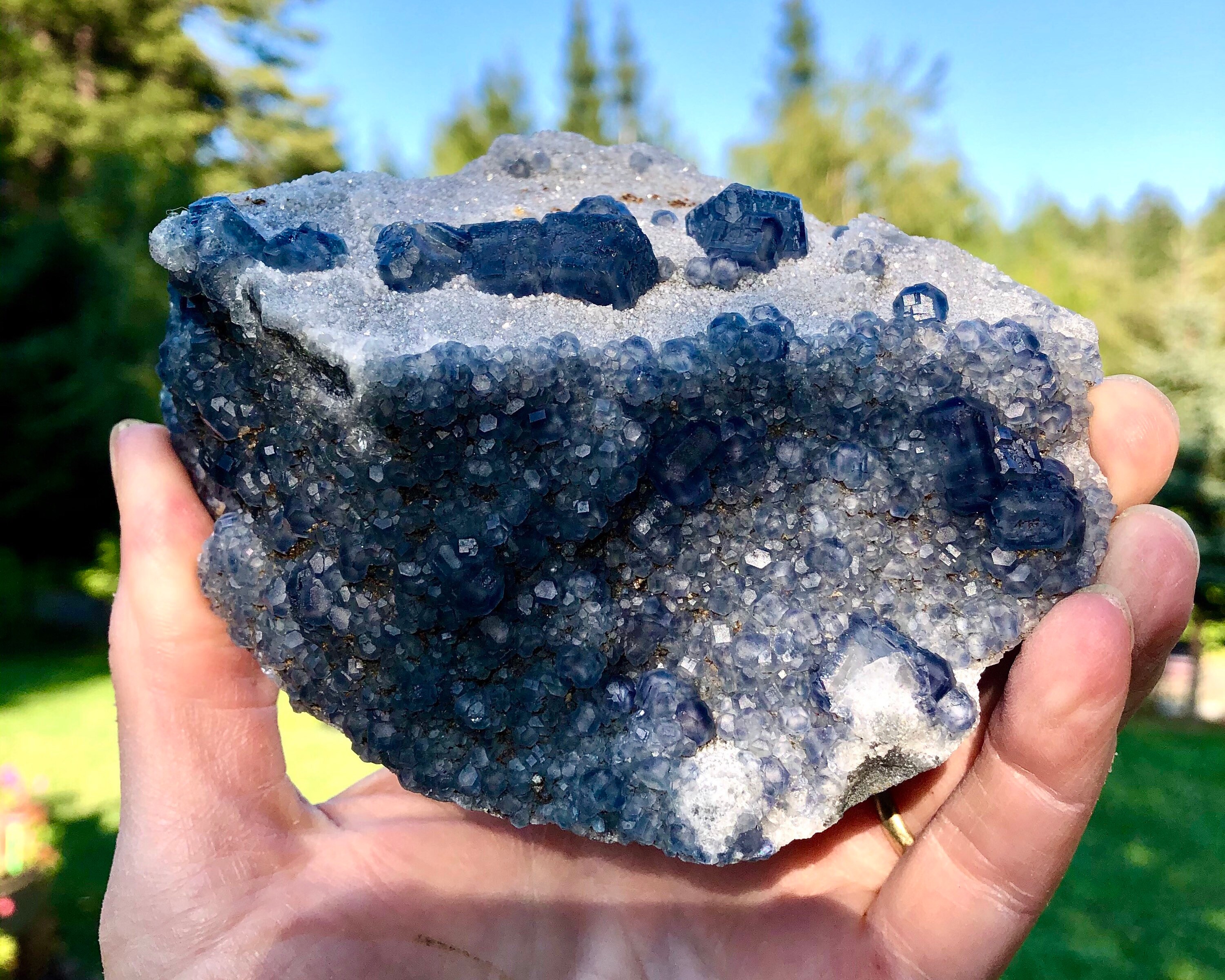 440g Blue Cubic Fluorite On White Druzy Quartz Crystal Cluster Mineral ...