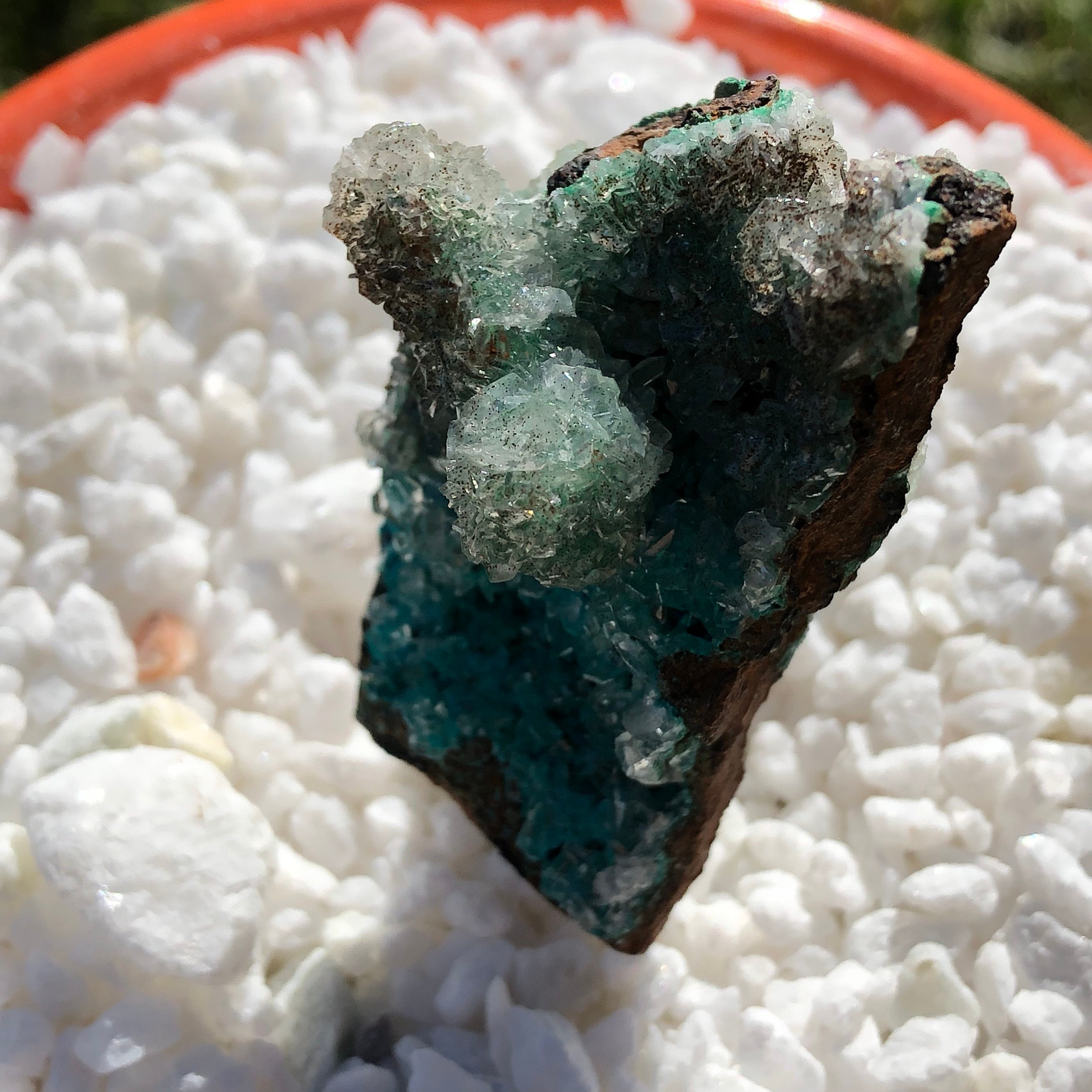 Adamite Druzy crystal cluster in blue and green on matrix