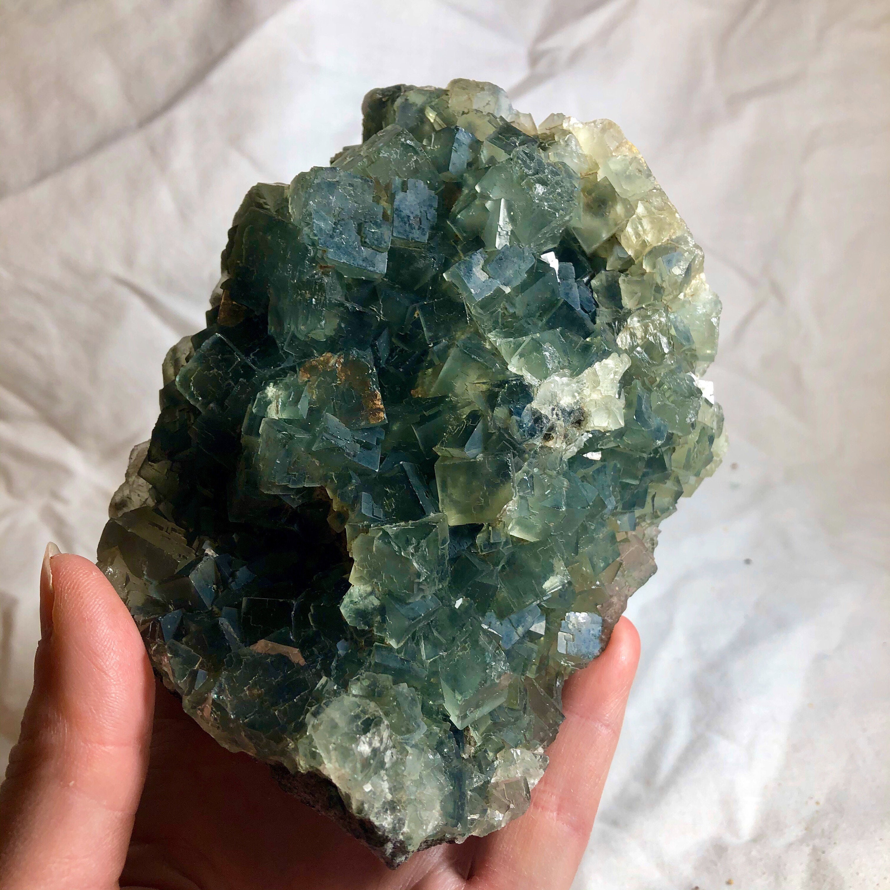 898g Large green cubic Fluorite with Clear Quartz Crystal Cluster Specimen