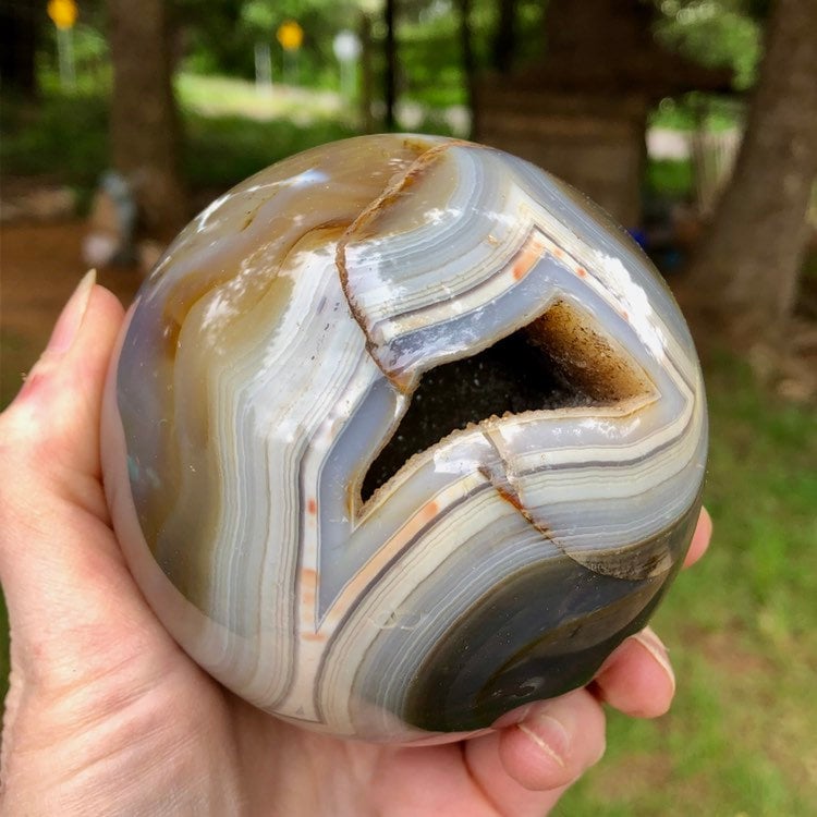 88MM Botswana Agate Stone Sphere with Druzy Cavern Hollow Center