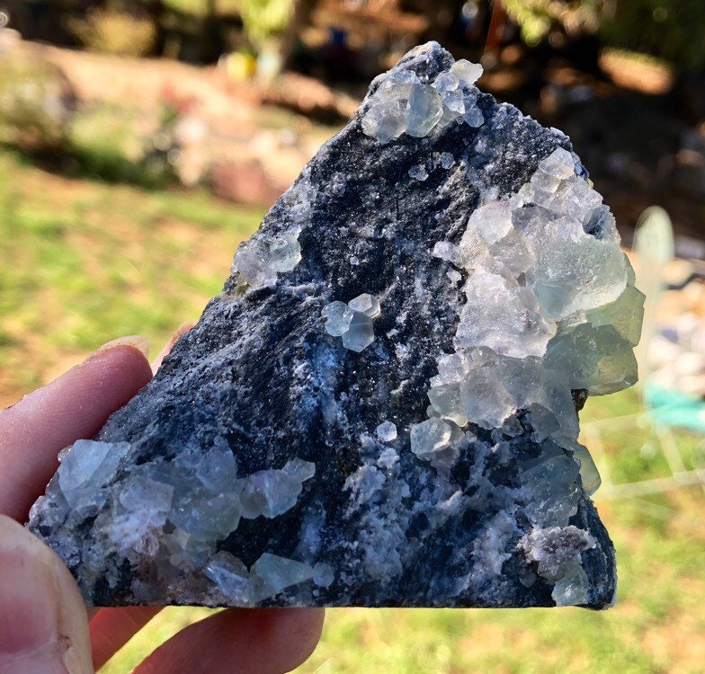 204g Light Green Fluorite Crystals on Gray Druzy Calcite Matrix