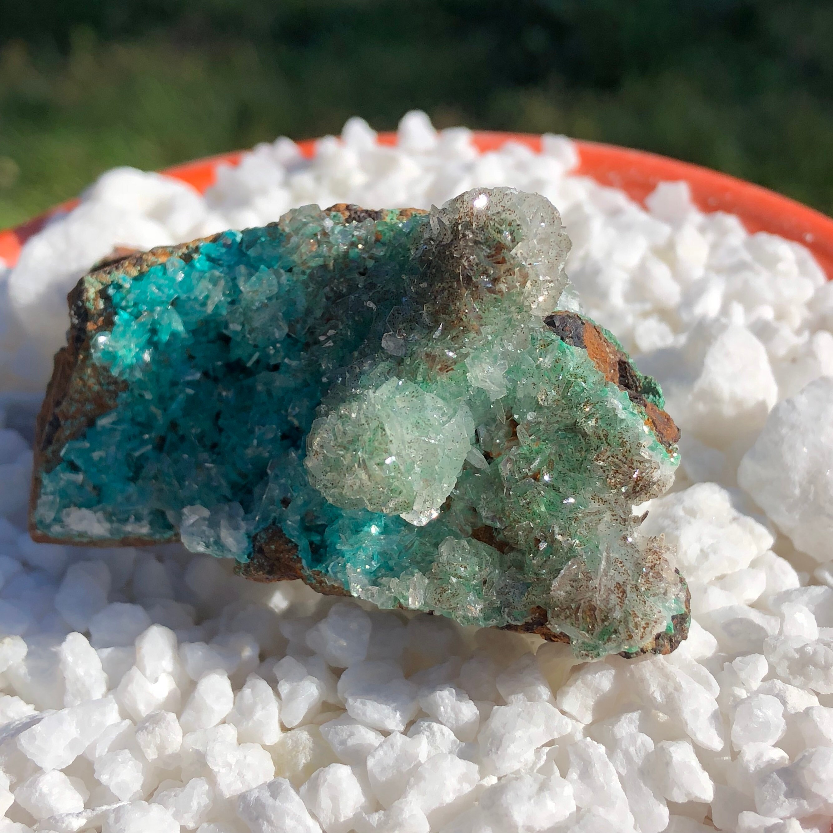 Adamite Druzy crystal cluster in blue and green on matrix