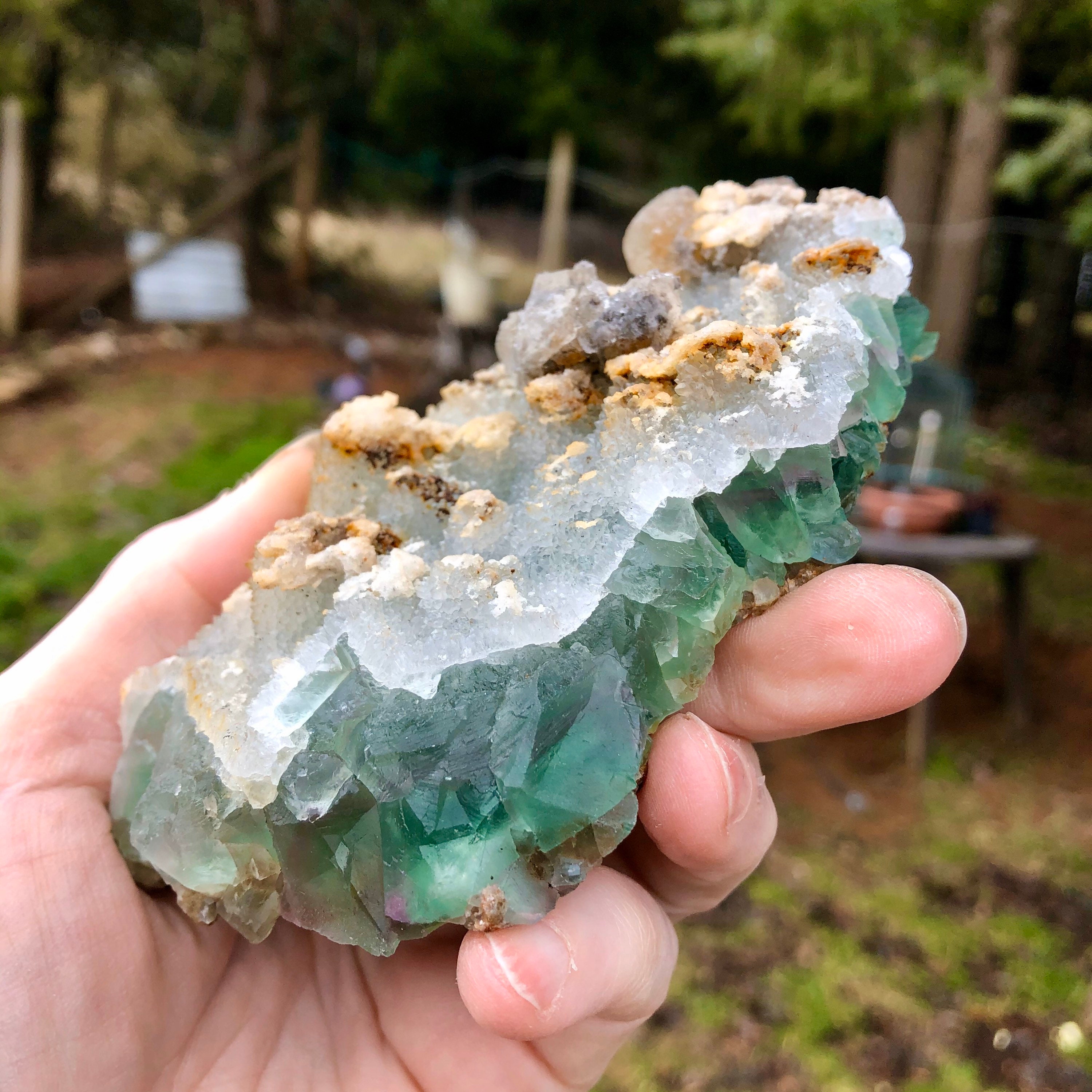 370g Druzy White Quartz Over Green Fluorite With Yellow Calcite Crystal ...