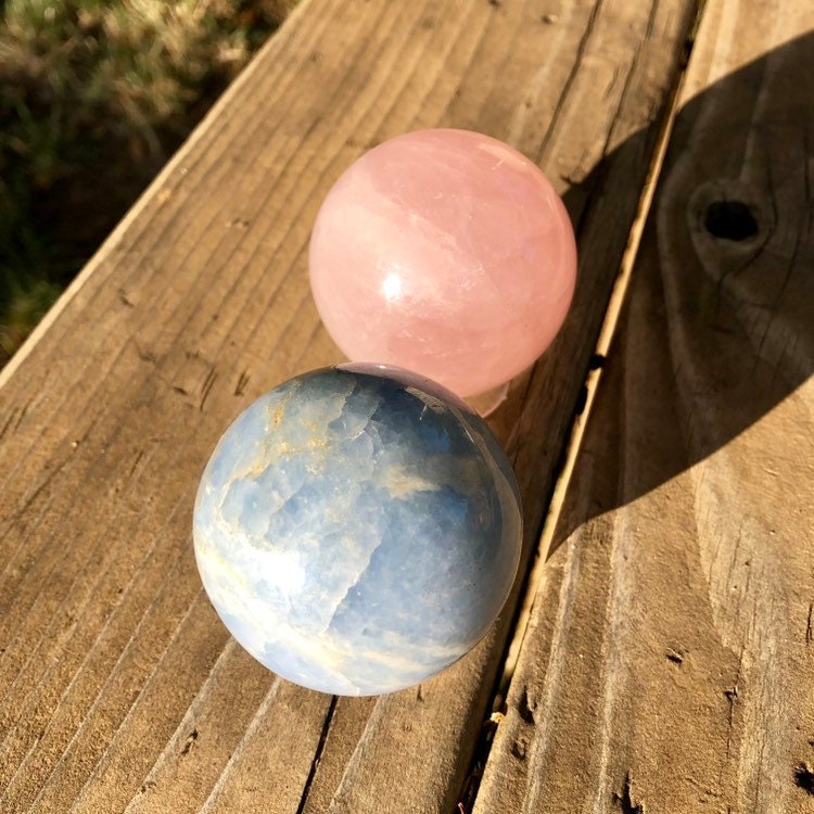 2 Spheres all natural gemstone Rose Quartz and Celestiteor Celestine