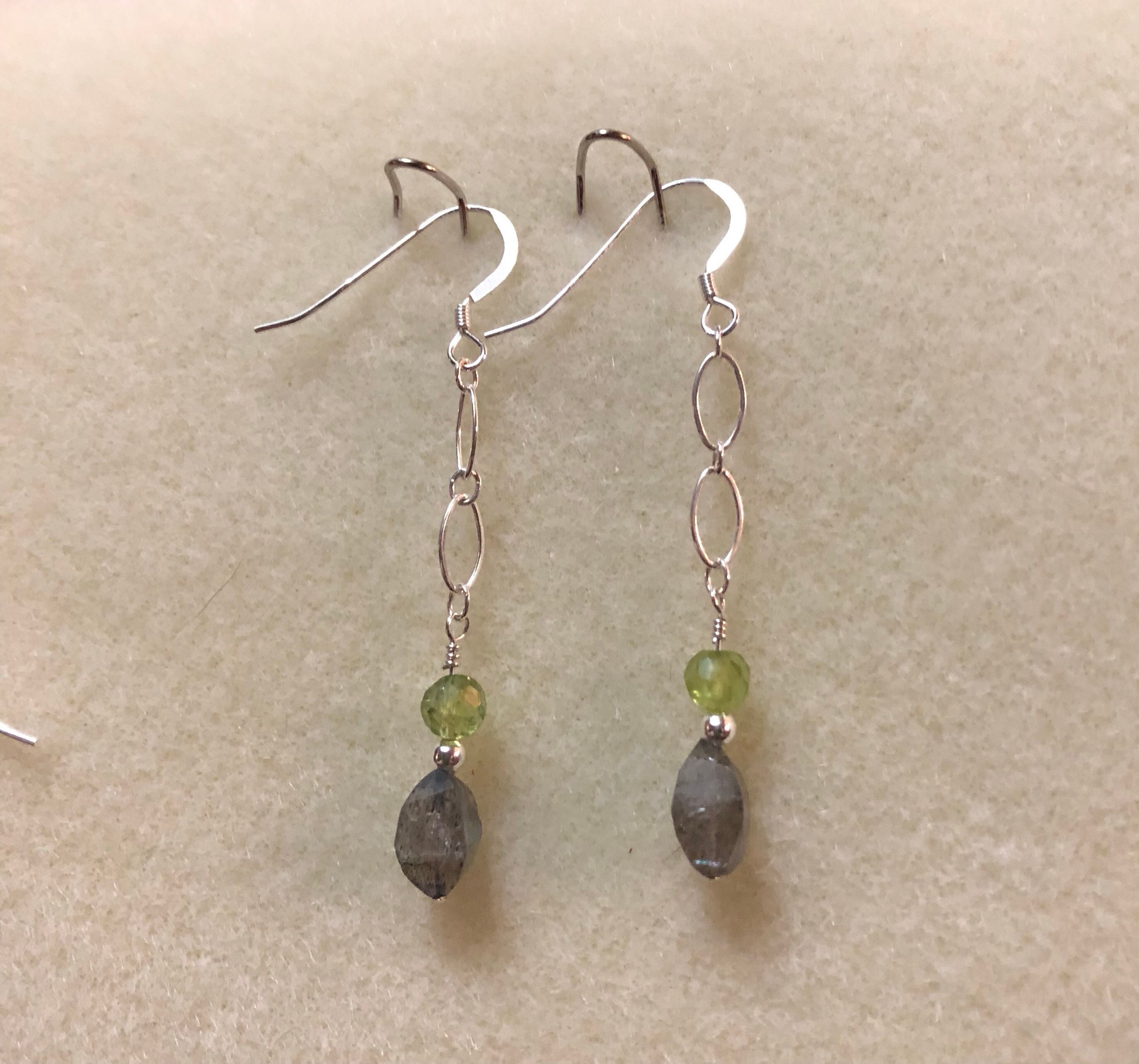 Labradorite , Peridot and Sterling Silver Chain Earrings