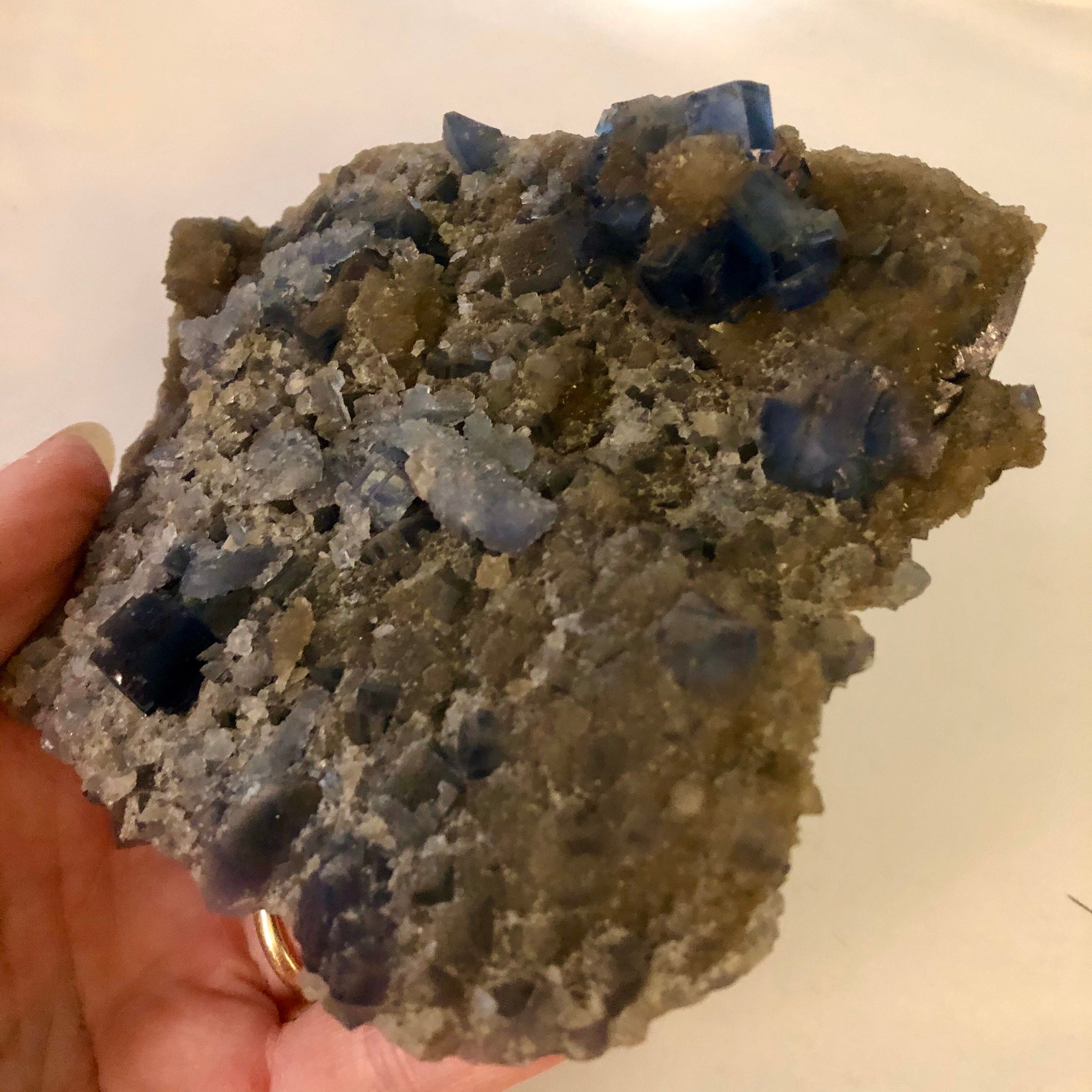 430g Blue Cubic Fluorite On Gray Druzy Smoky Quartz Crystal Cluster ...