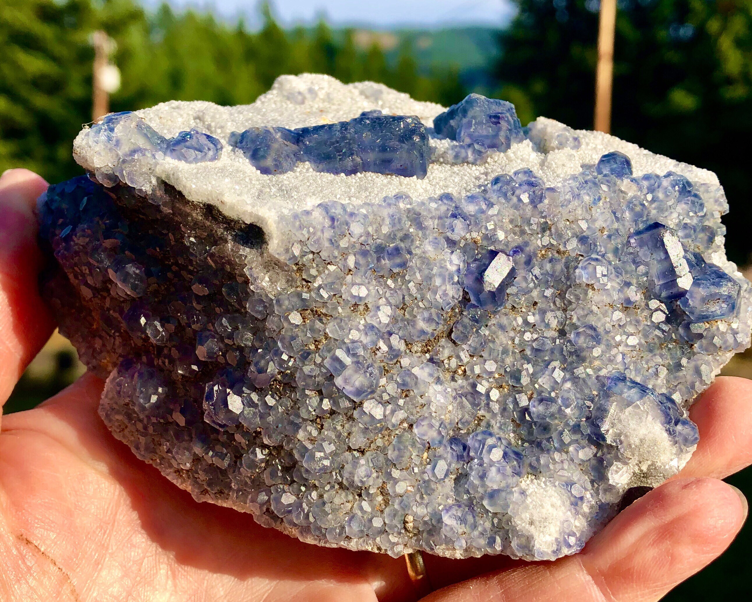 440g Blue Cubic Fluorite On White Druzy Quartz Crystal Cluster Mineral ...