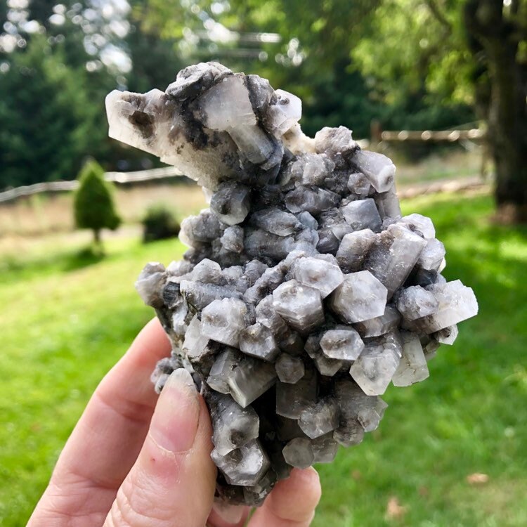 390g Black and white Columnar Hexagonal Calcite Crystal Cluster Mineral ...
