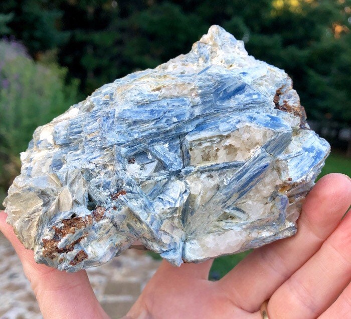 760g Large Blue and White Kyanite Cluster with Red Garnet Mineral Specimen