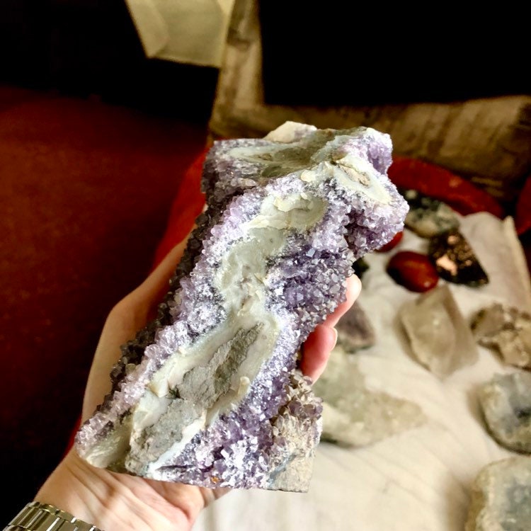 Amethyst Geode Crystal Cluster Freeform Specimen with tiny Quartz Crystals