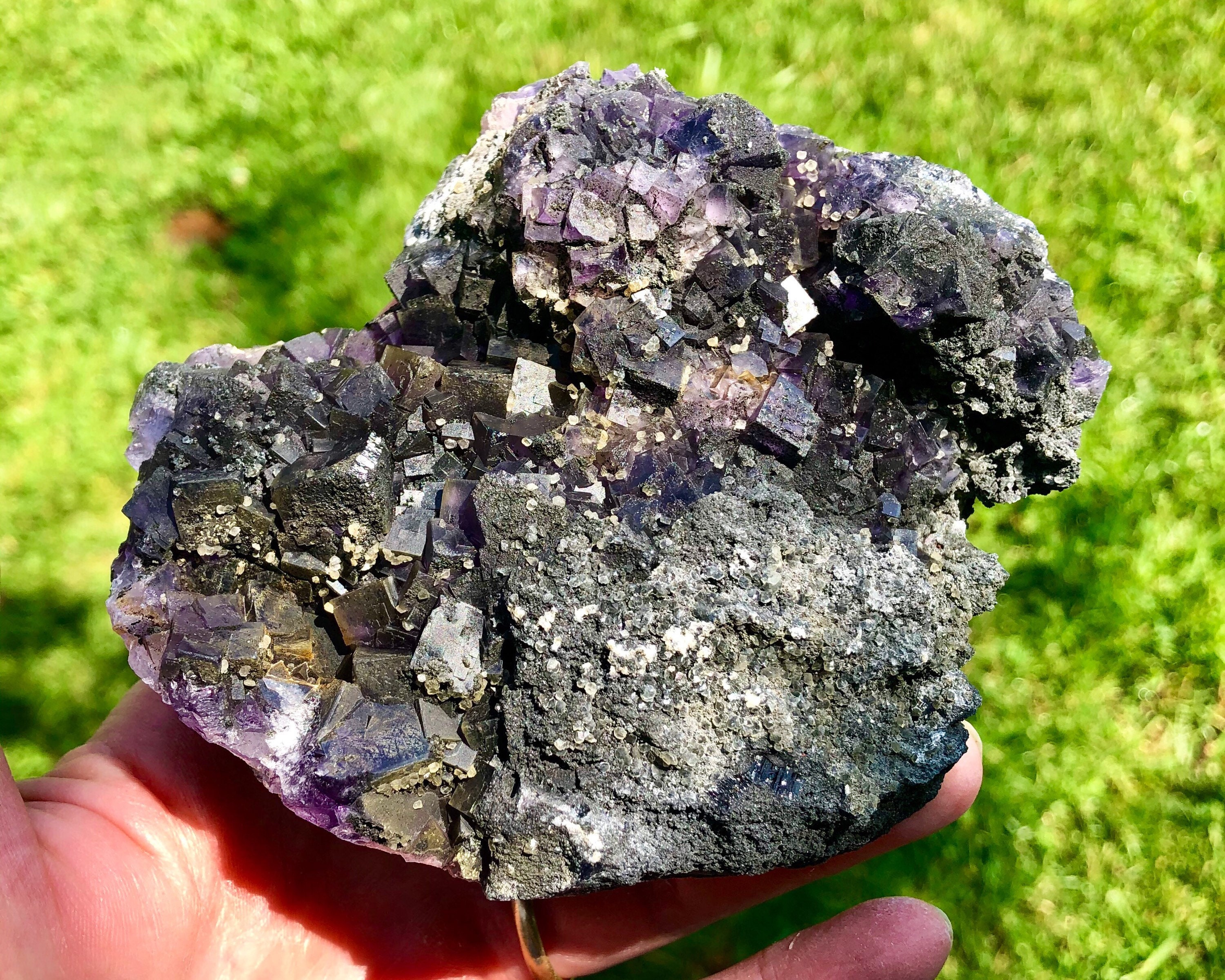 502g DARK Purple Cubic Calcite With Tiny Yellow Calcite Crystal Cluster