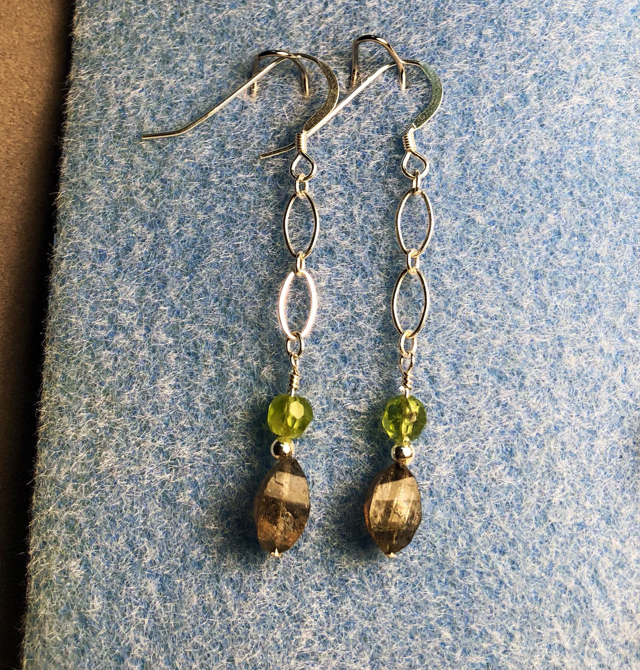 Labradorite , Peridot and Sterling Silver Chain Earrings
