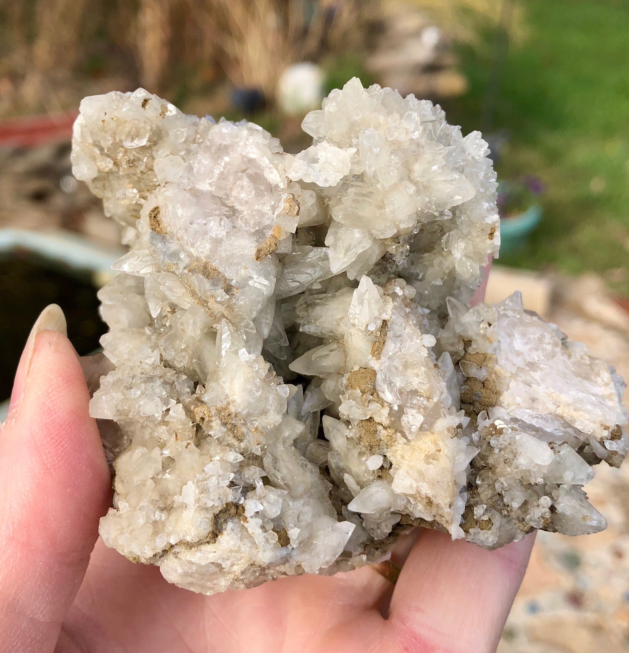 Dogtooth Calcite Crystal Cluster with big pink Crystals attached to Cluster