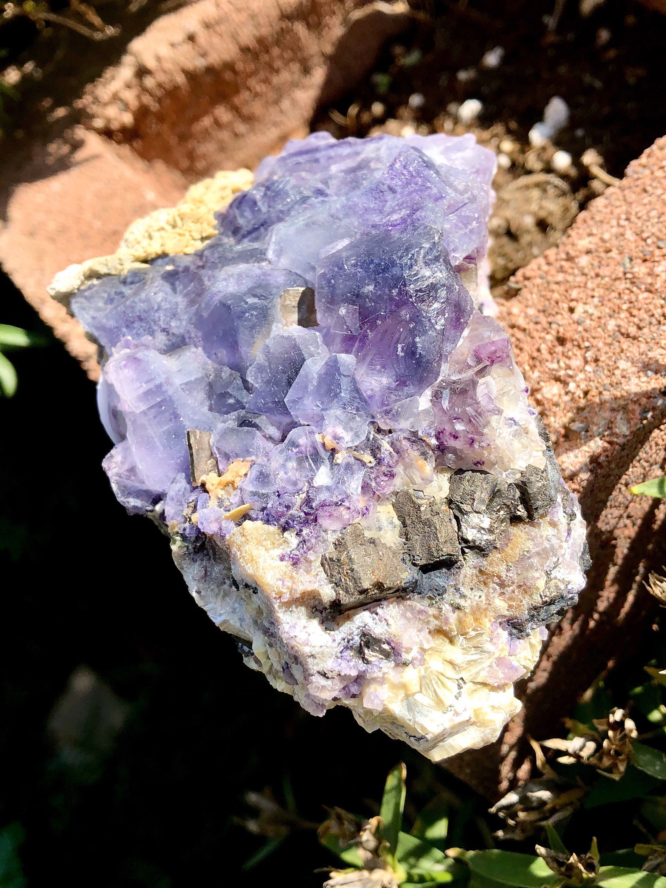 410g Purple Fluorite and Pyrite on White Radiating Pyrophyllite Crystal ...