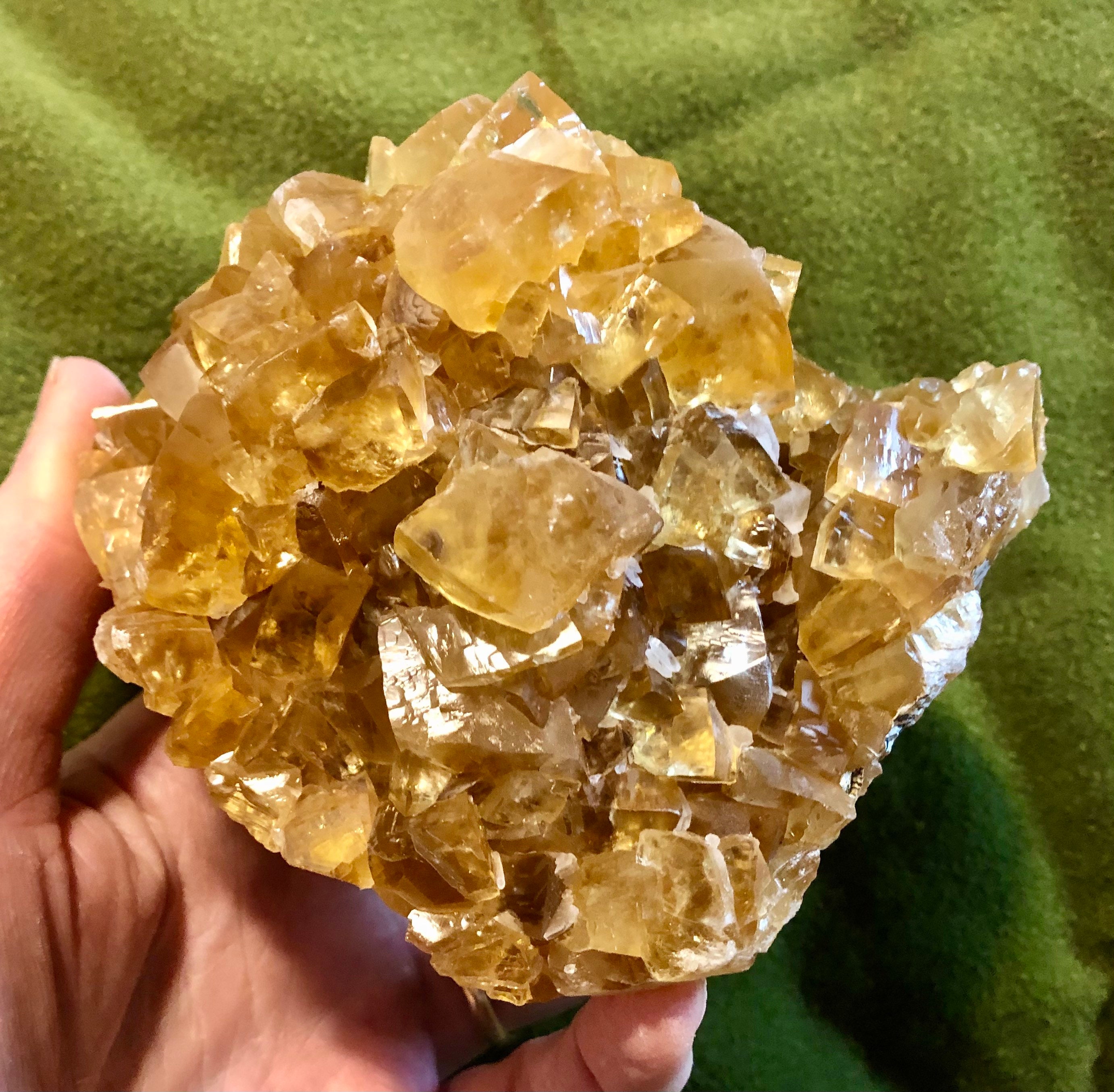 574g Golden Yellow Cubic Calcite Crystal Cluster Mineral Display Specimen