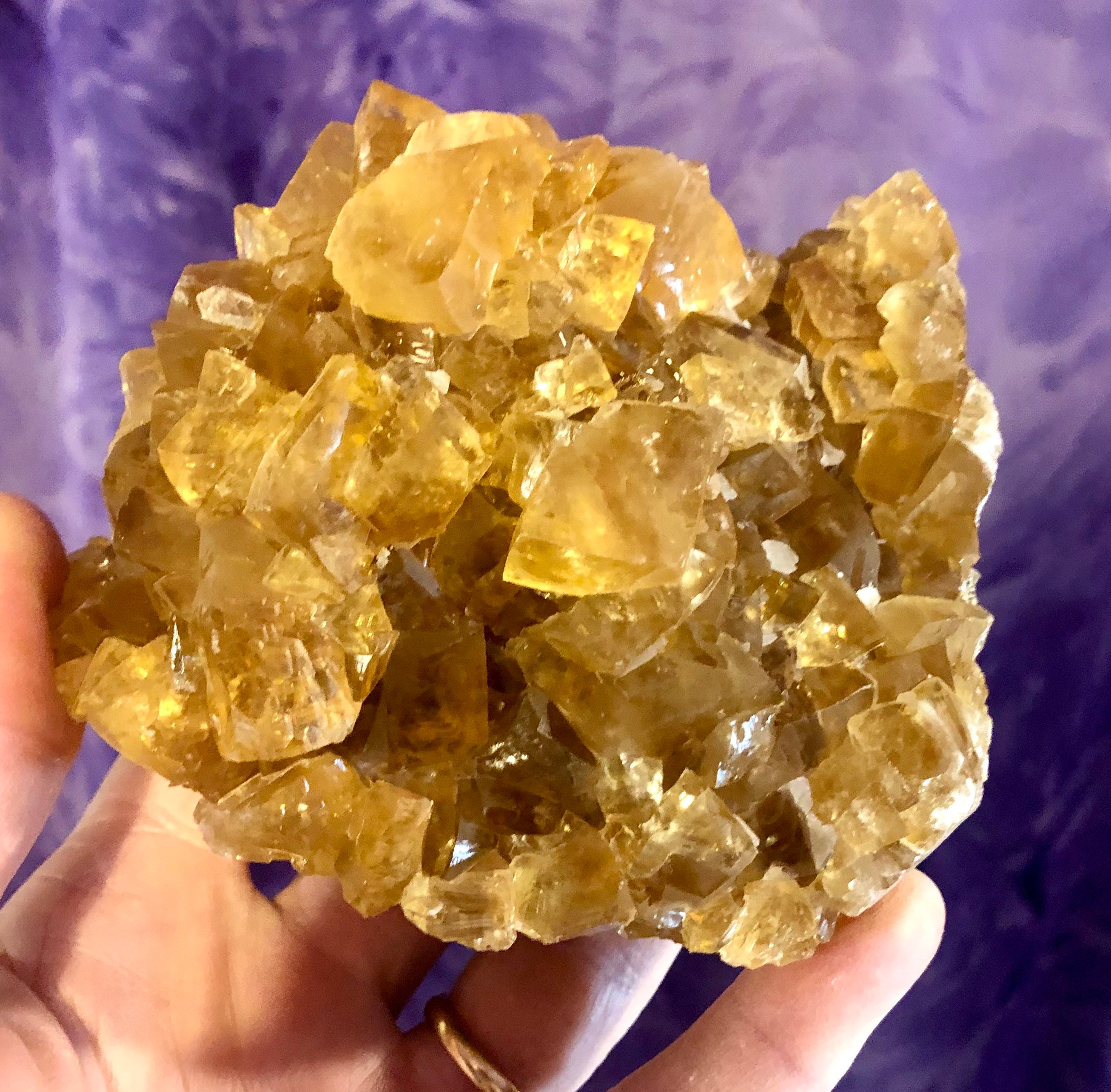 574g Golden Yellow Cubic Calcite Crystal Cluster Mineral Display Specimen