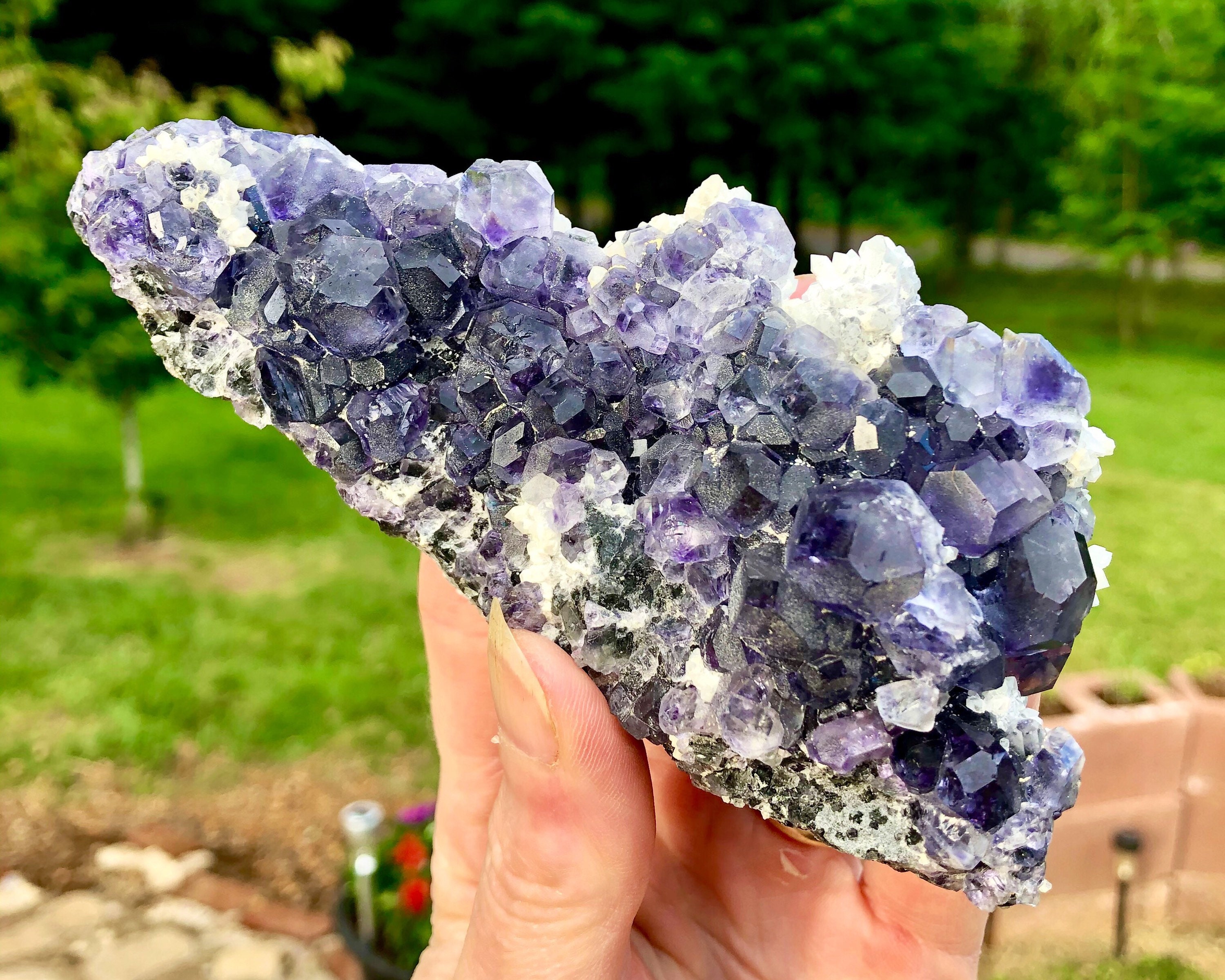296g Dual Sided Purple Octahedral Fluorite And White Needle Quartz ...