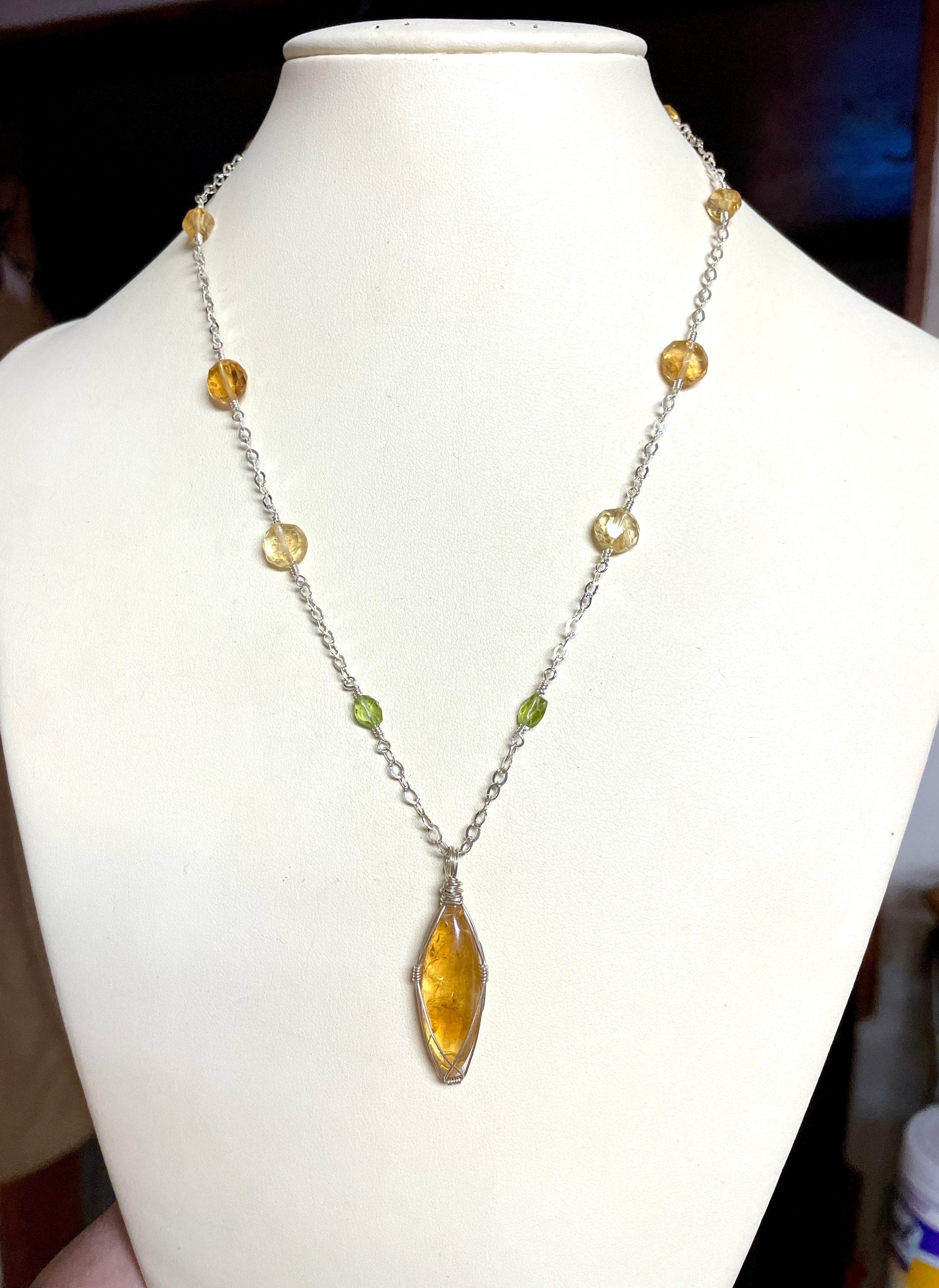 Citrine And Peridot On Sterling Silver Chain Necklace