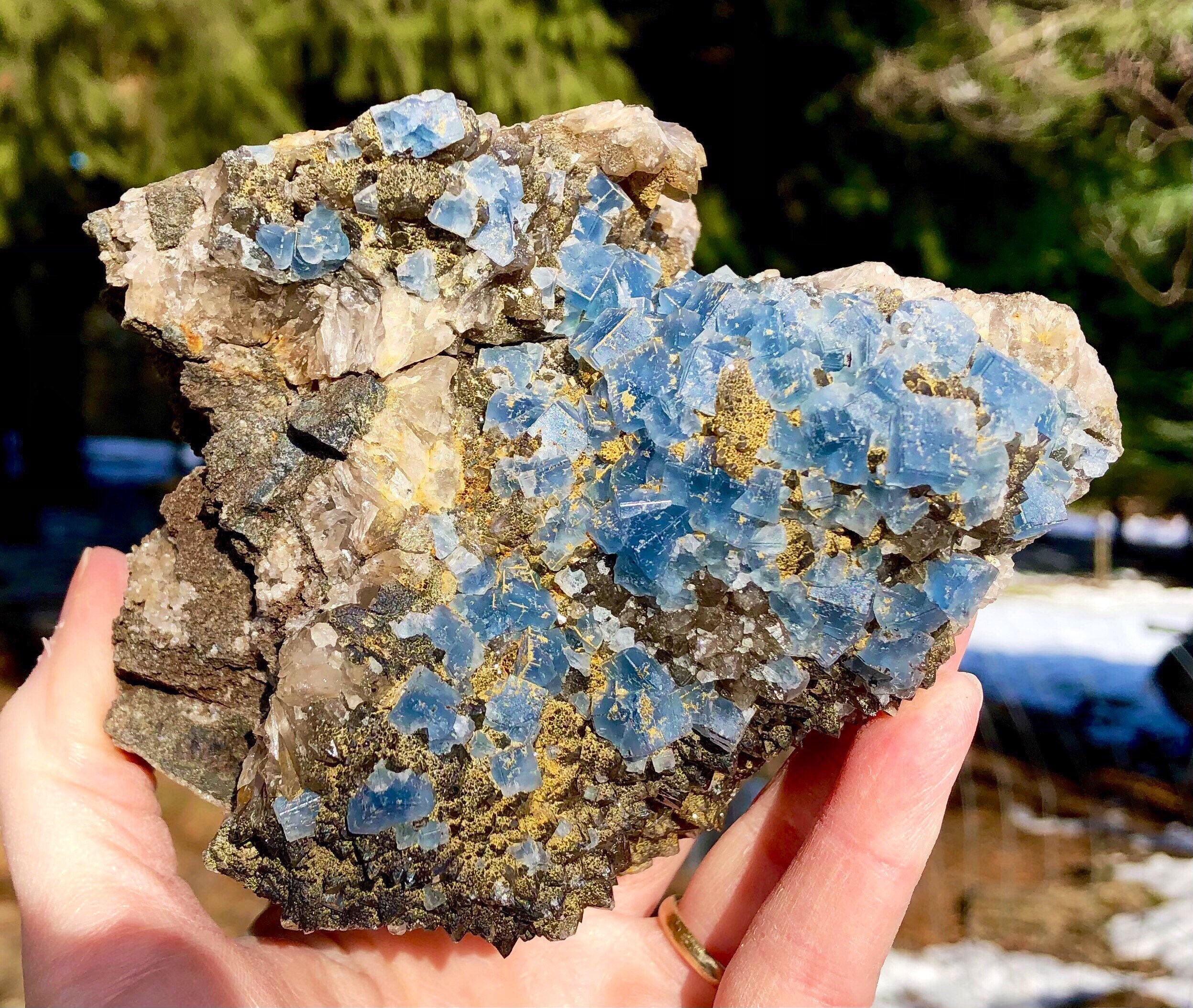 810g Blue Cubic Fluorite And Brown Dogtooth Calcite Crystal Cluster ...