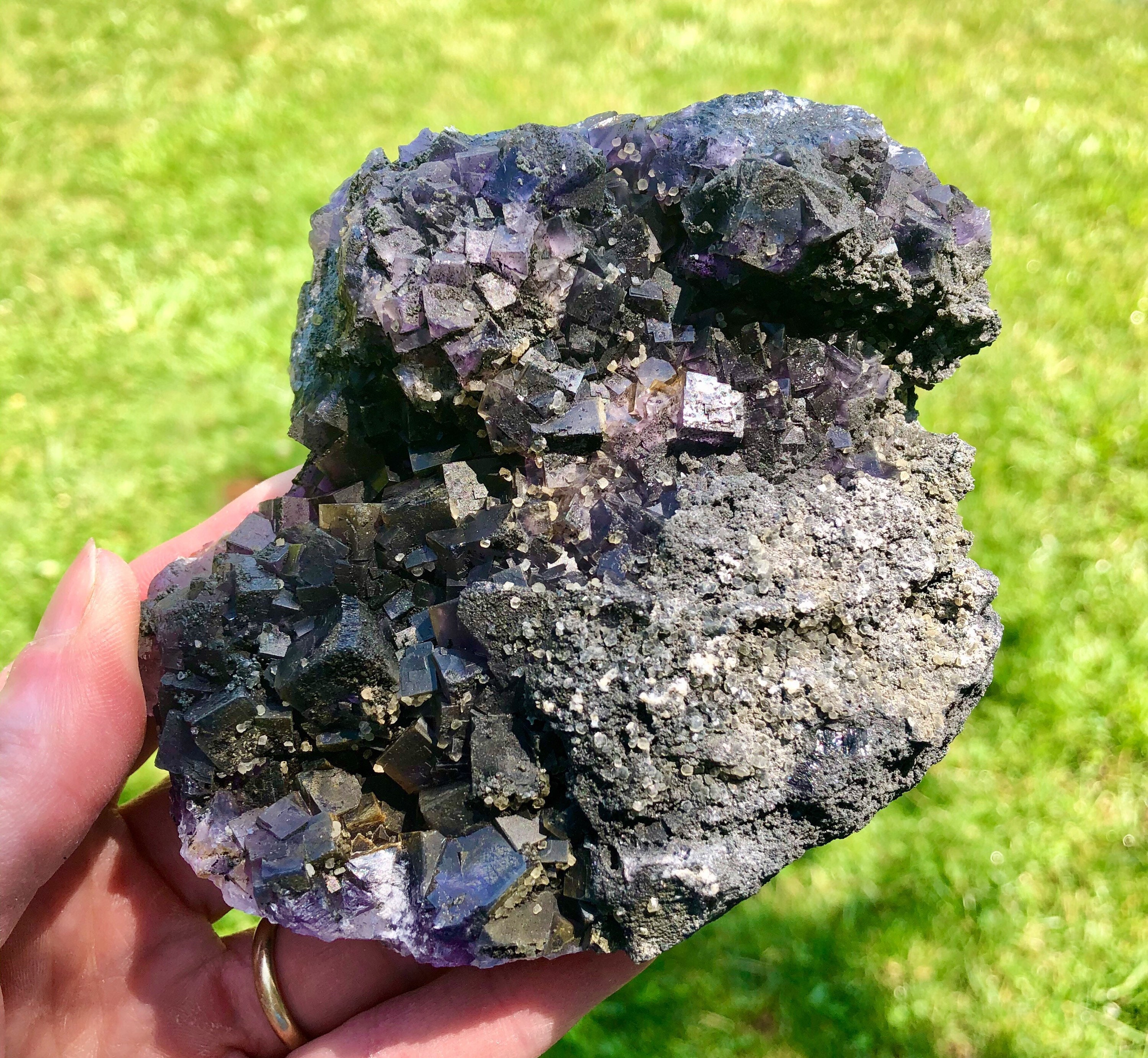 502g DARK Purple Cubic Calcite With Tiny Yellow Calcite Crystal Cluster