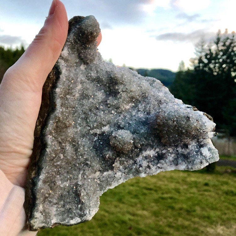 1139g Gray Amethyst Quartz Geode Crystal Cluster freestanding display ...