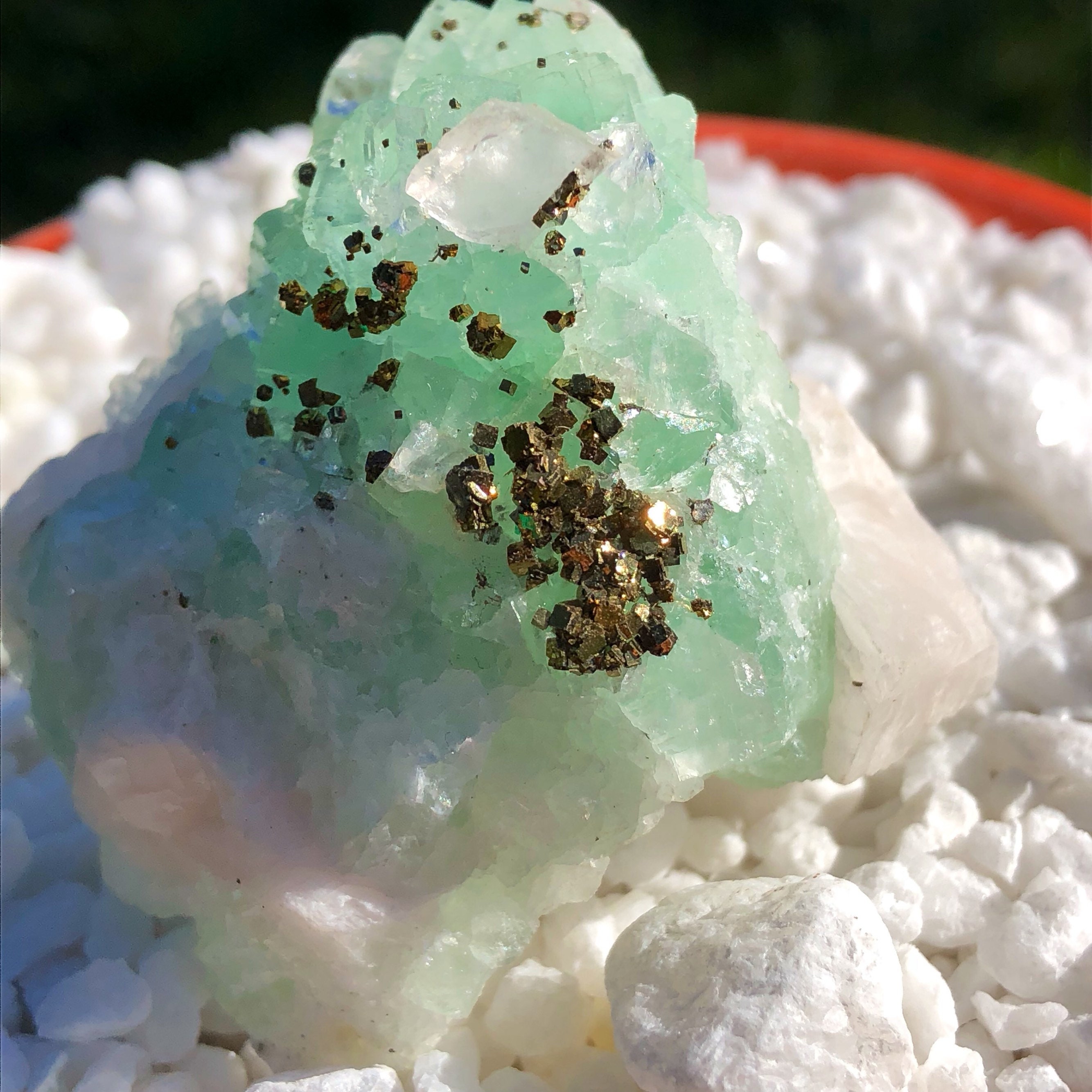 Green Fluorite Cluster with Hematite