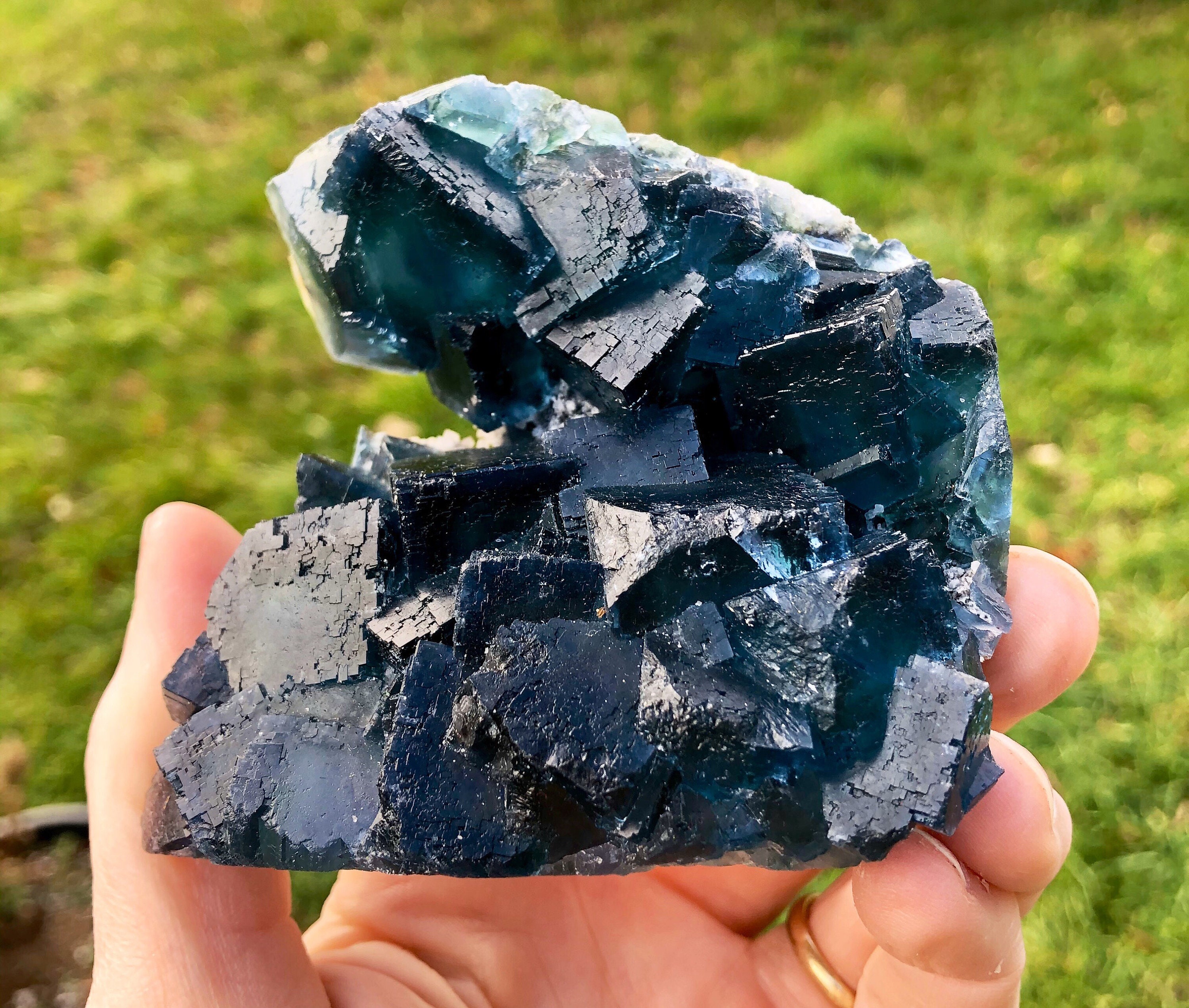 Dark Blue Green Cubic Fluorite Crystal Cluster Specimen