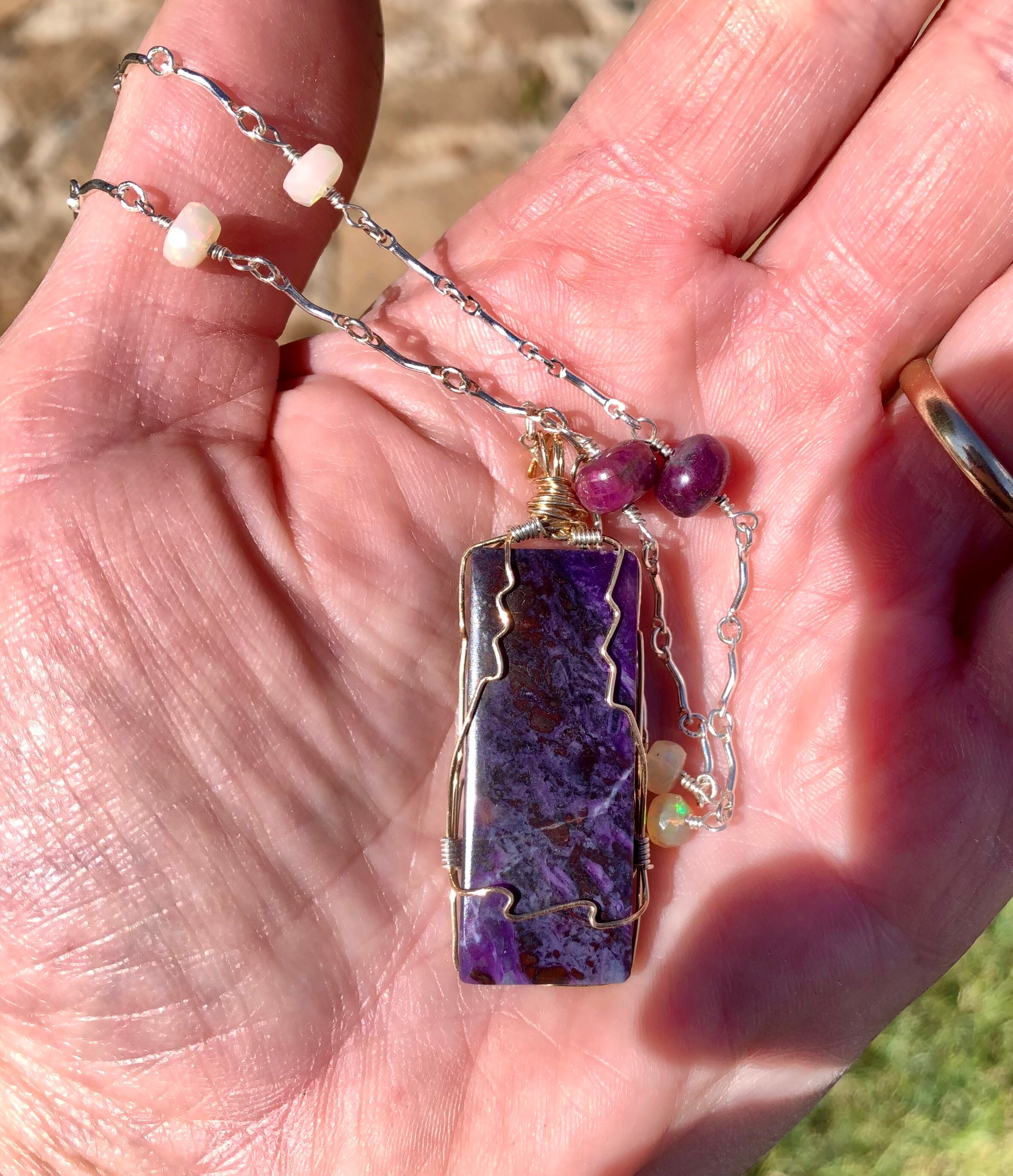 Sugilite Necklace With Ethiopian Opal Ruby Kyanite Sterling Silver Bar ...