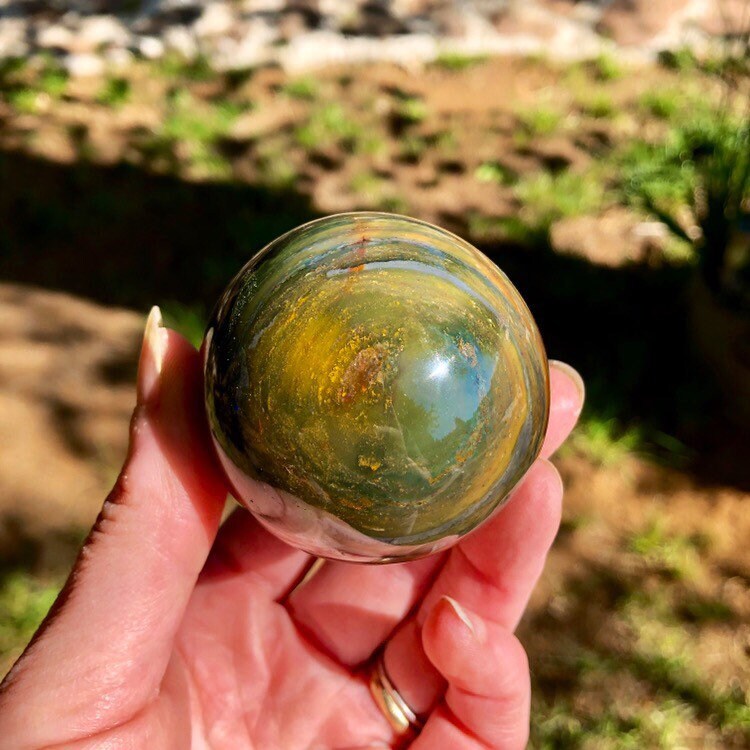 55MM Polychrome Jasper Sphere or Ball in green gray orange gold beige