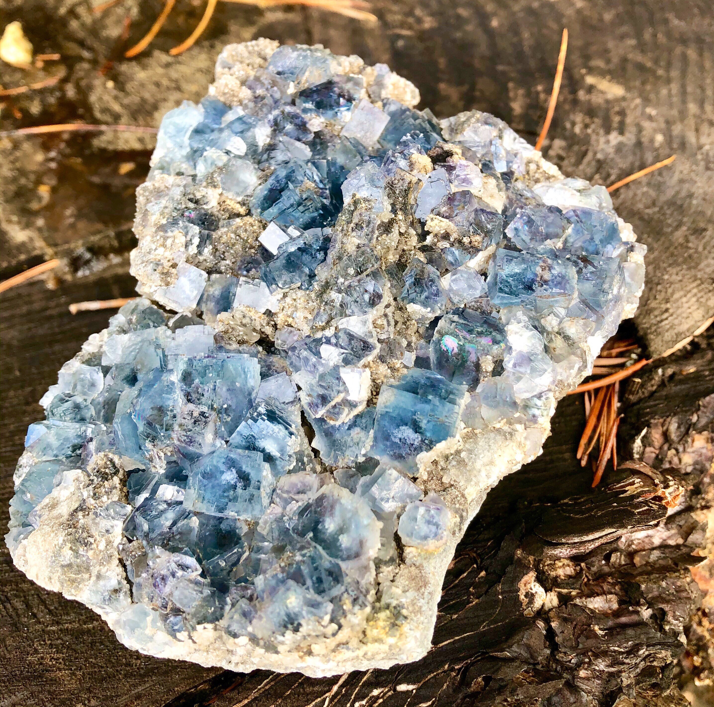 640g Transparent Blue Cubic Fluorite On Gray Druzy Smoky Quartz Crystal ...