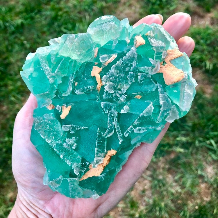 678g Neon Green Cubic Fluorite Crystal Cluster with Orange brown Barite ...