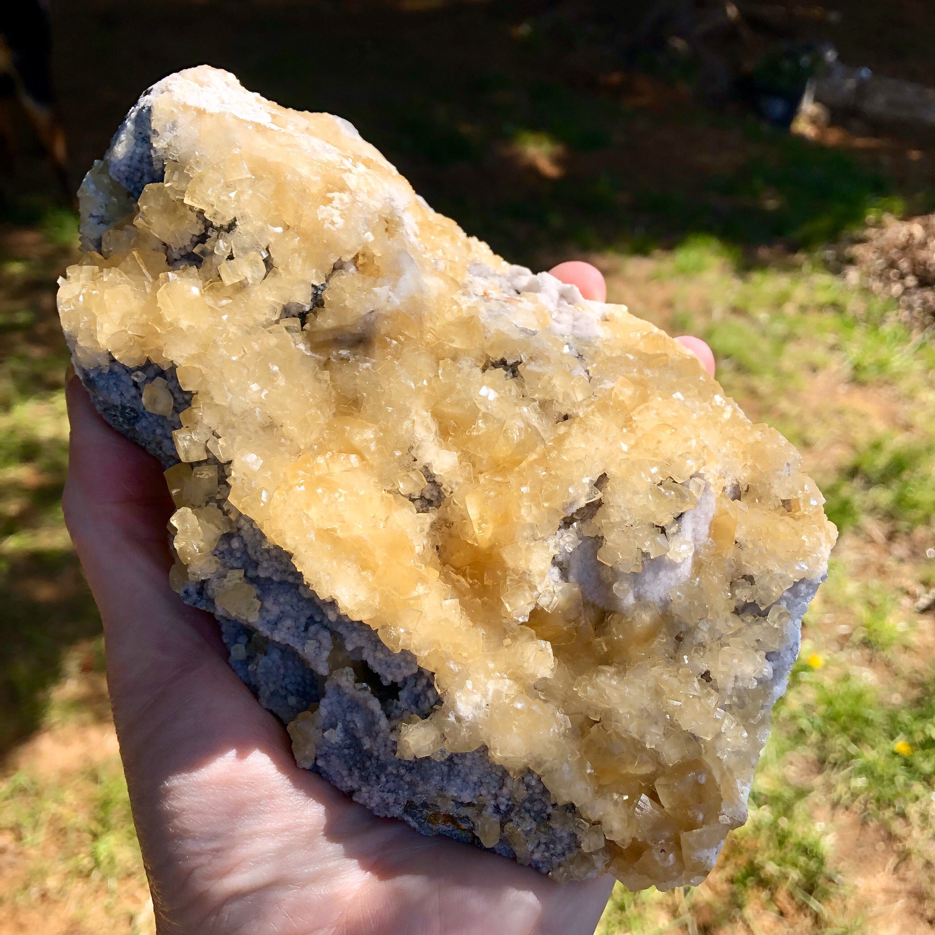 2.48 lbs Large Yellow Cubic Calcite Crystal Cluster On Botryoidal White ...