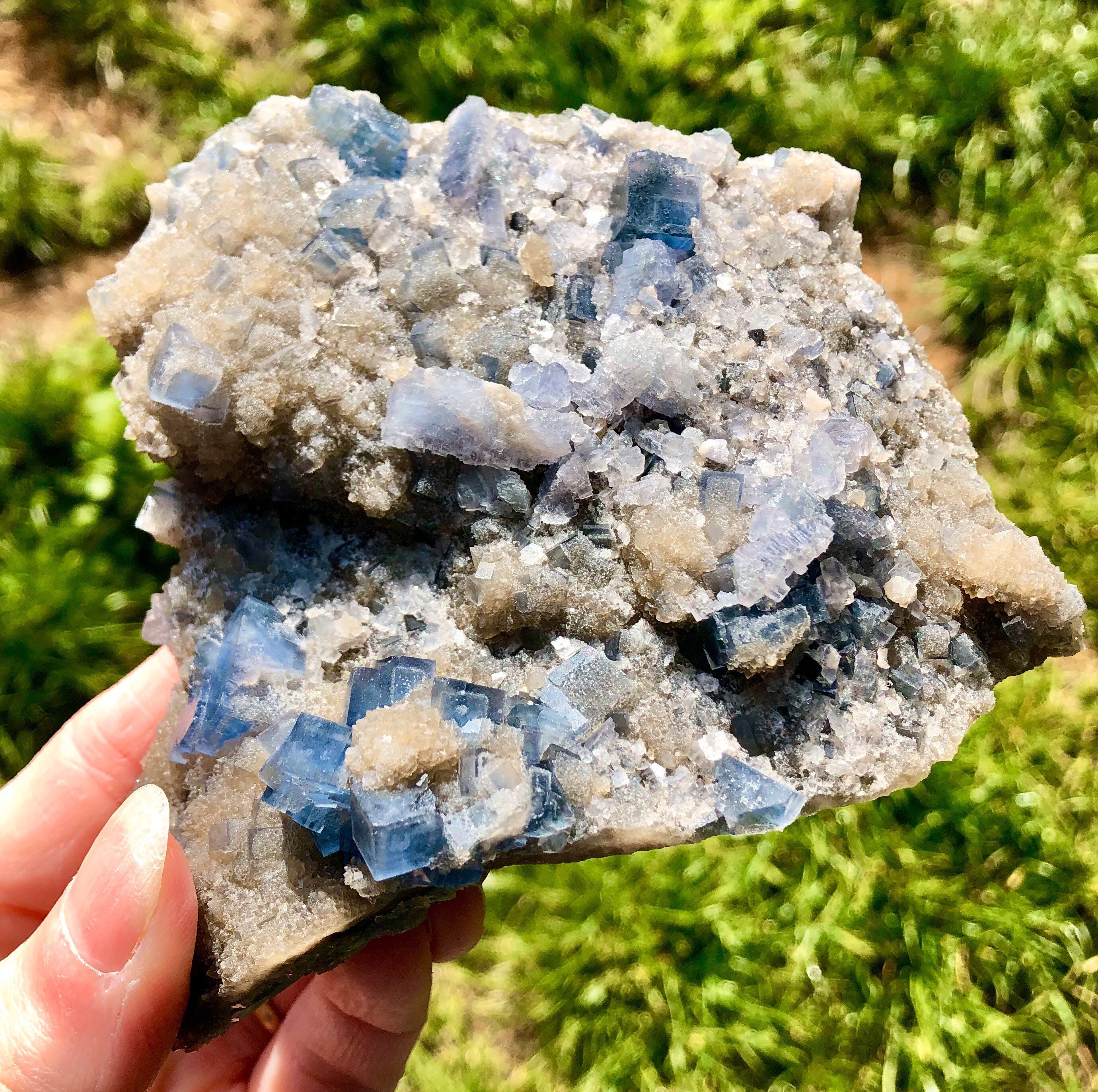 430g Blue Cubic Fluorite On Gray Druzy Smoky Quartz Crystal Cluster ...