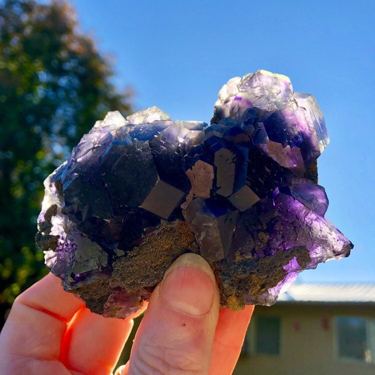 Color changing Blue Octahedron Fluorite Crystal Cluster with Dark Blue ...