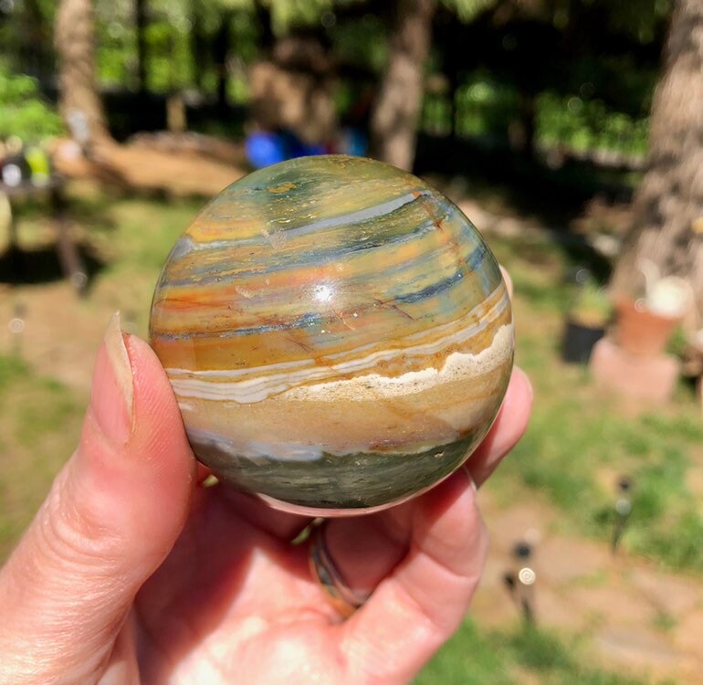 55MM Polychrome Jasper Sphere or Ball in green gray orange gold beige