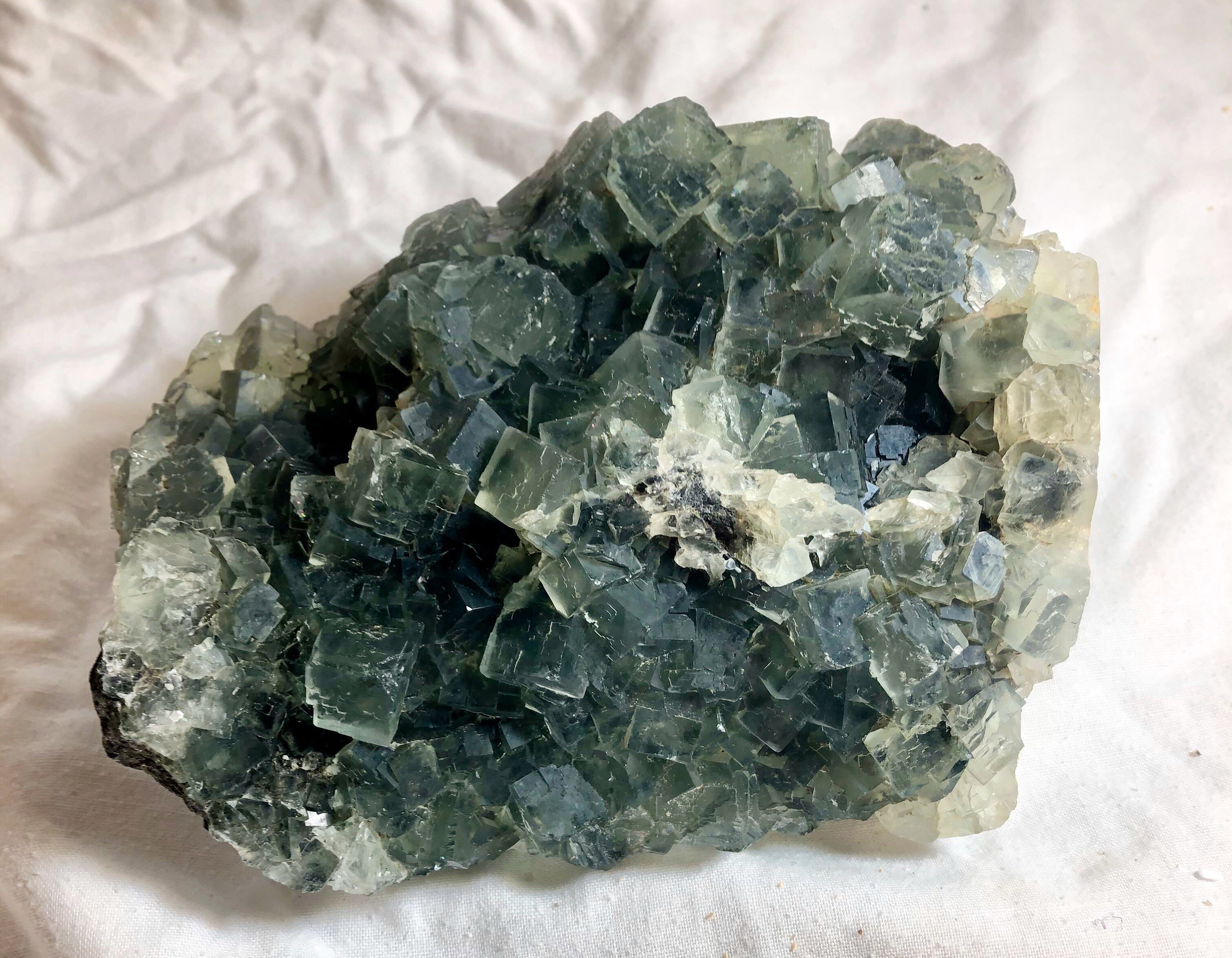 898g Large green cubic Fluorite with Clear Quartz Crystal Cluster Specimen