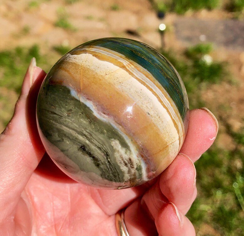 55MM Polychrome Jasper Sphere or Ball in green gray orange gold beige
